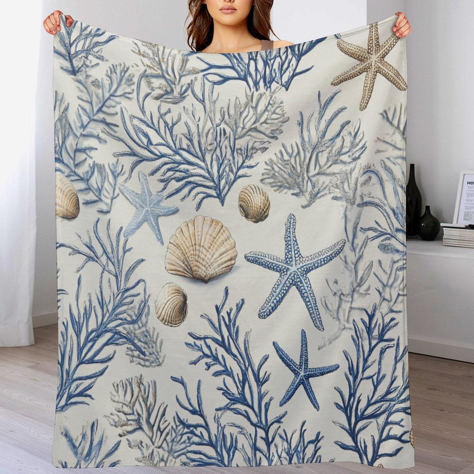 Throw Blanket Blue Ocean Beach Seashell Starfish Themed Home Decor Warm ...