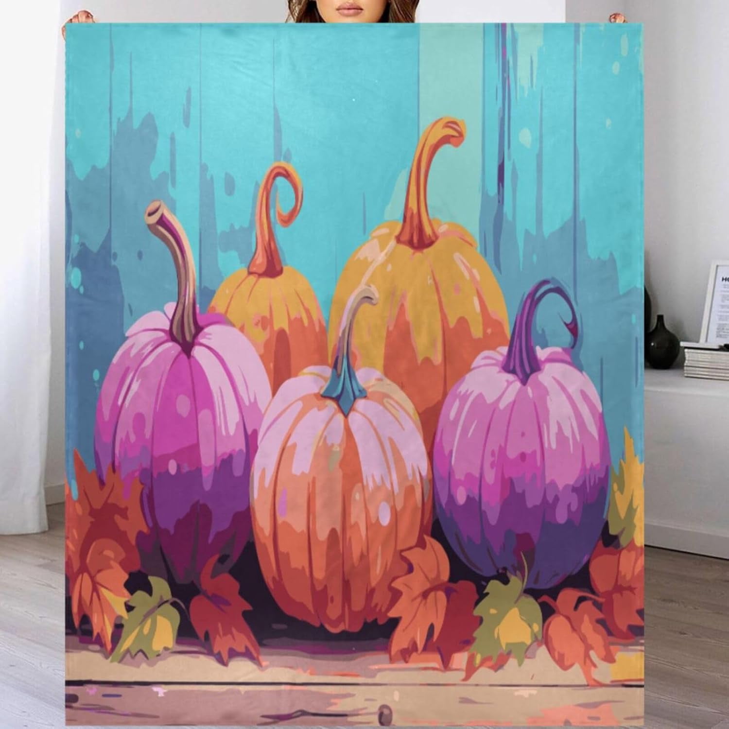 Throw Blanket for Couch 50x60 Inches Pumpkins Rustic Wooden Soft Cozy ...