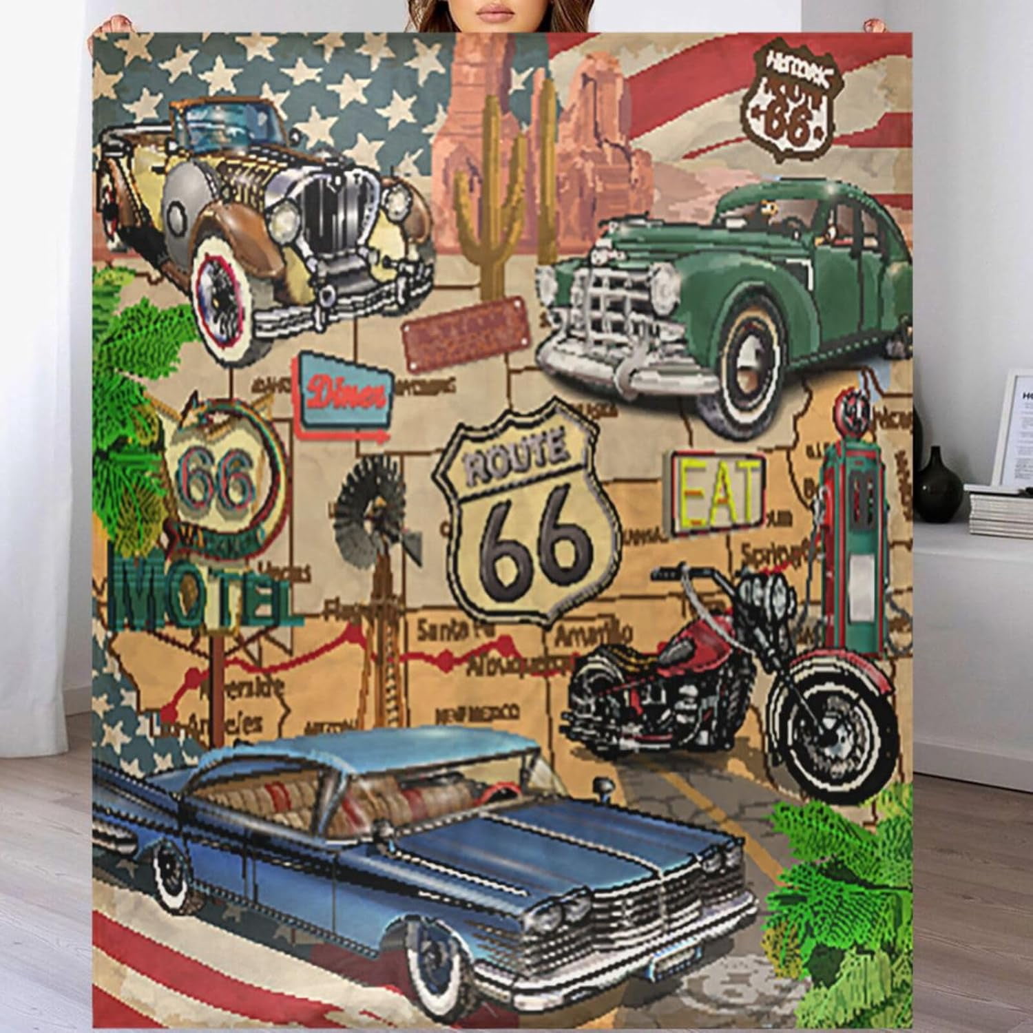 Throw Blanket for Couch 50x60 Inches Vintage Route 66 Soft Cozy Flannel ...