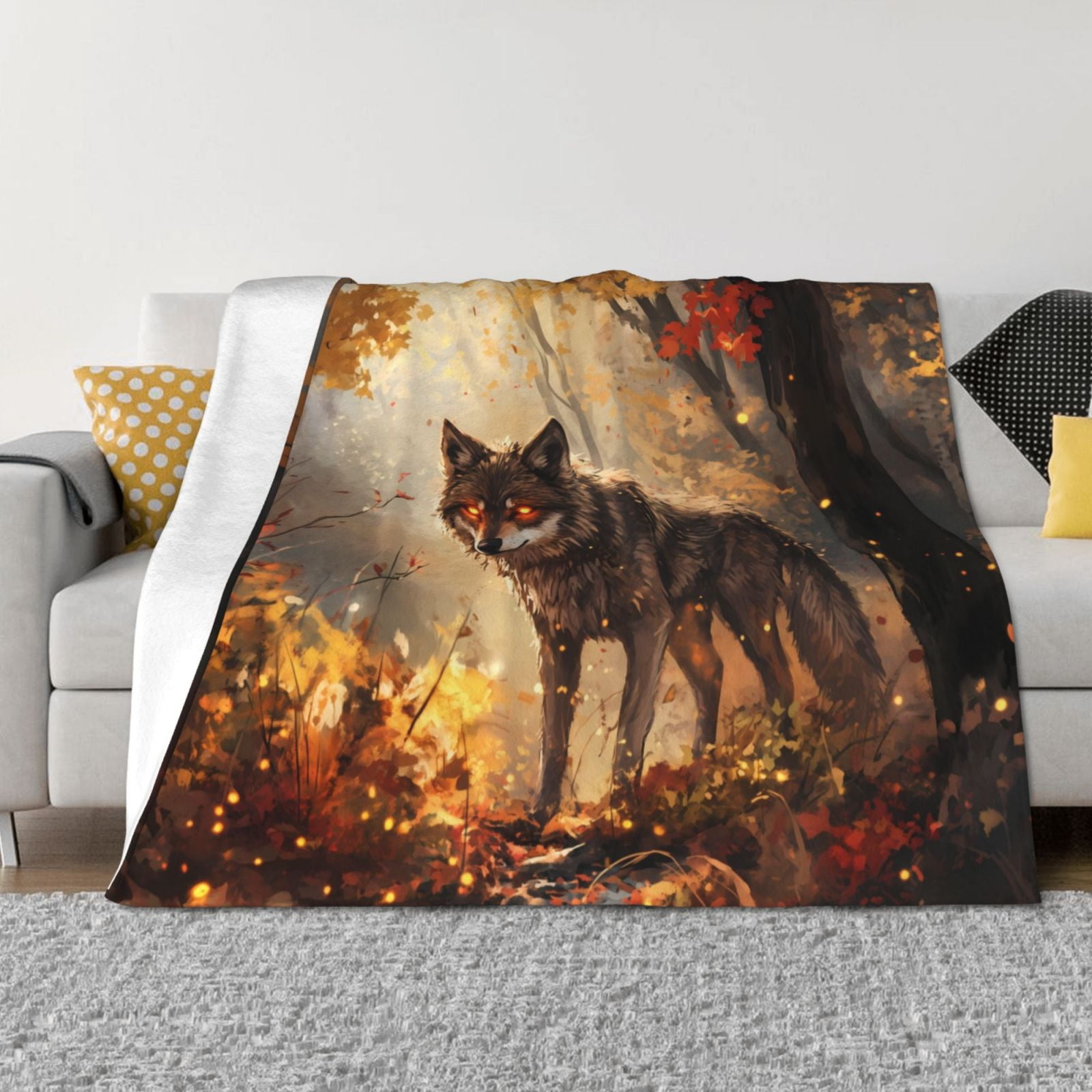 Throw Blanket for Couch, Autumn Wolf Maple Forest A Super Soft Fuzzy ...