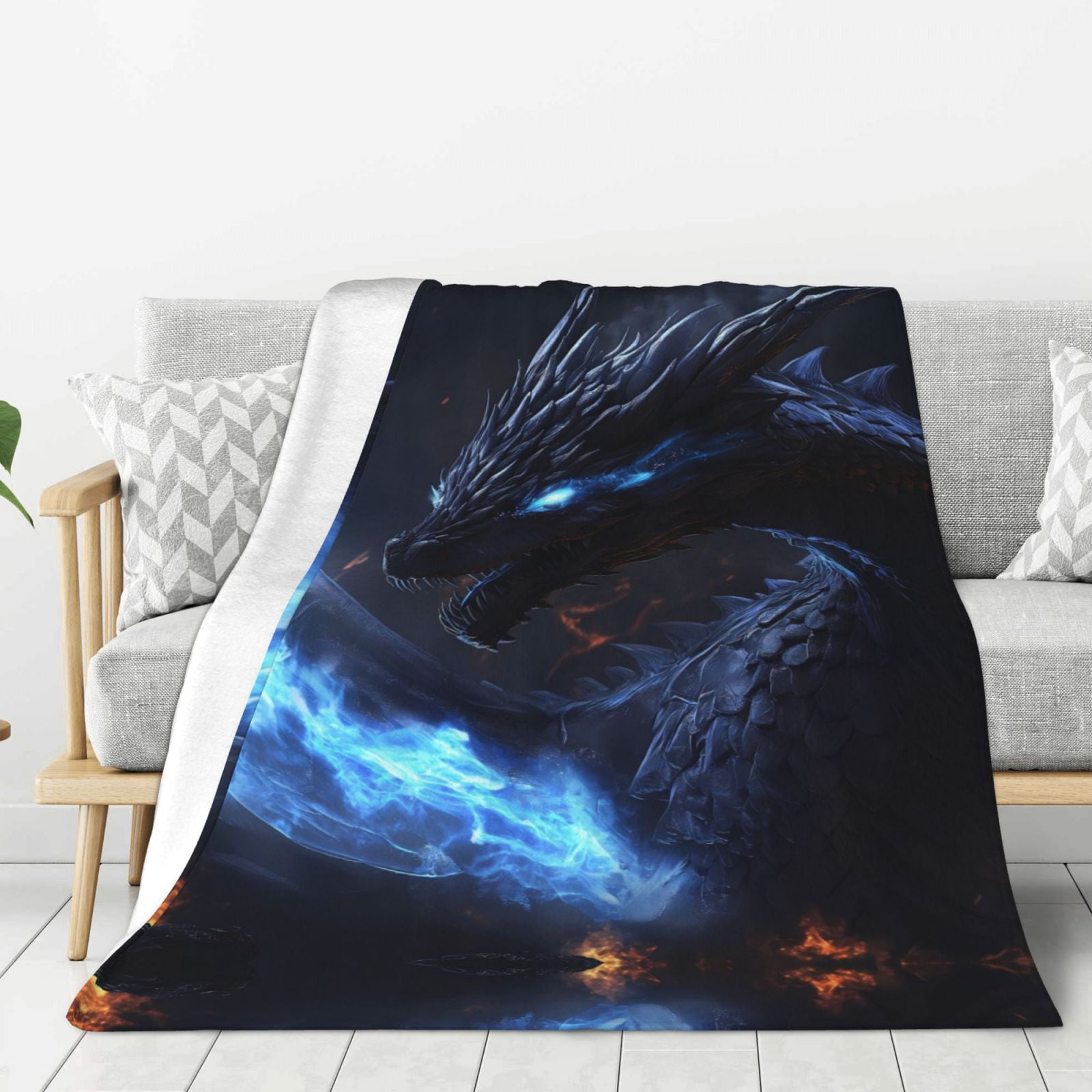 Throw Blanket for Couch Bed Red and Blue Flame Black Dragon Soft Plush ...
