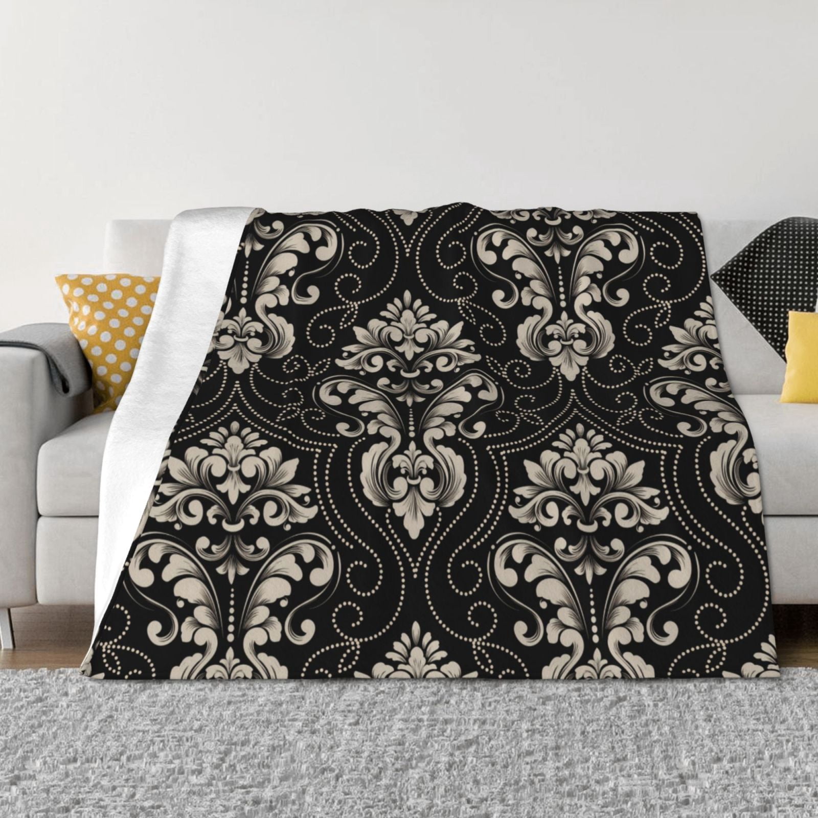 Throw Blanket for Couch, Elegant Black Floral Damask Soft Comfy Warm ...