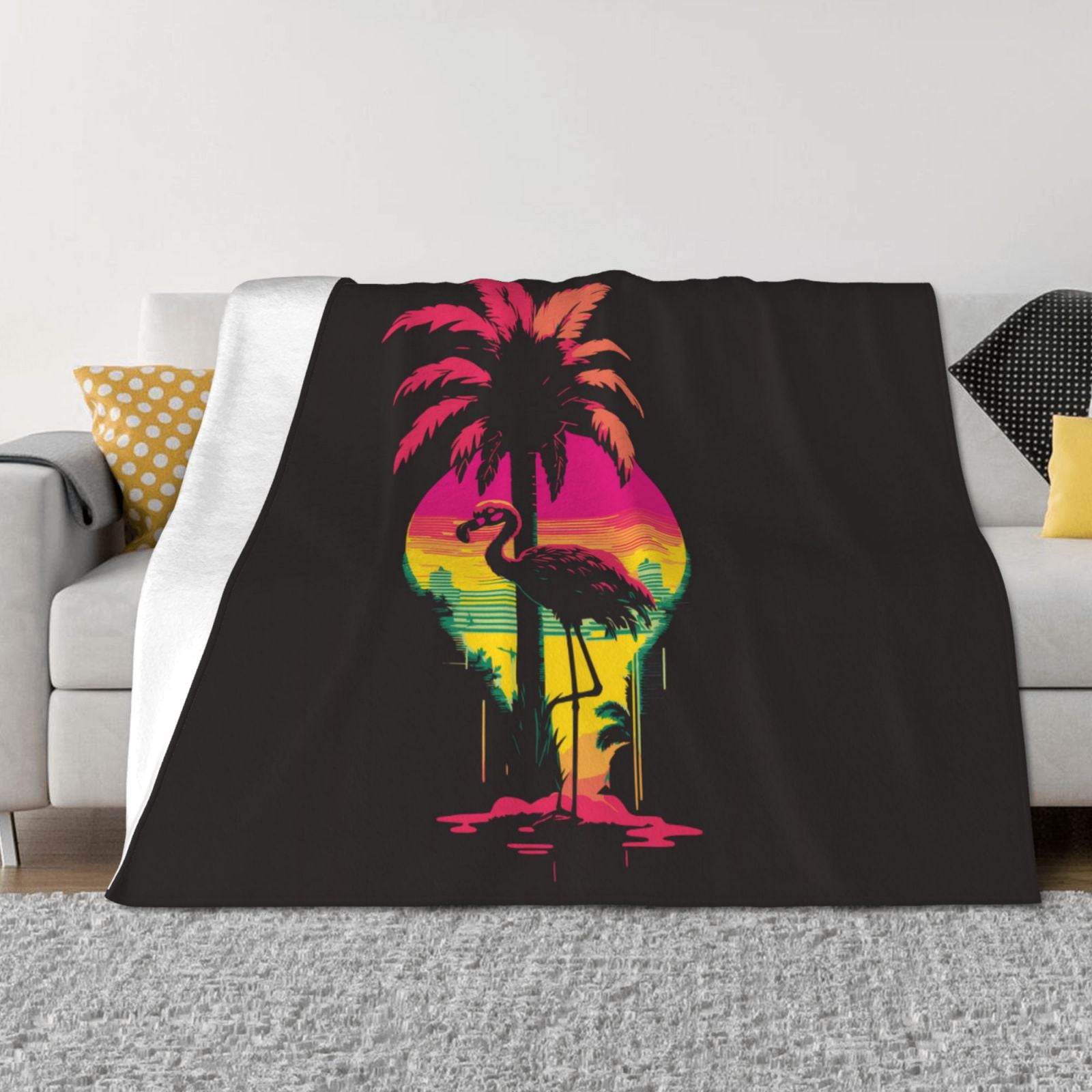 Throw Blanket for Couch - Flamingo And Palm Trees At Sunset Soft Fuzzy ...