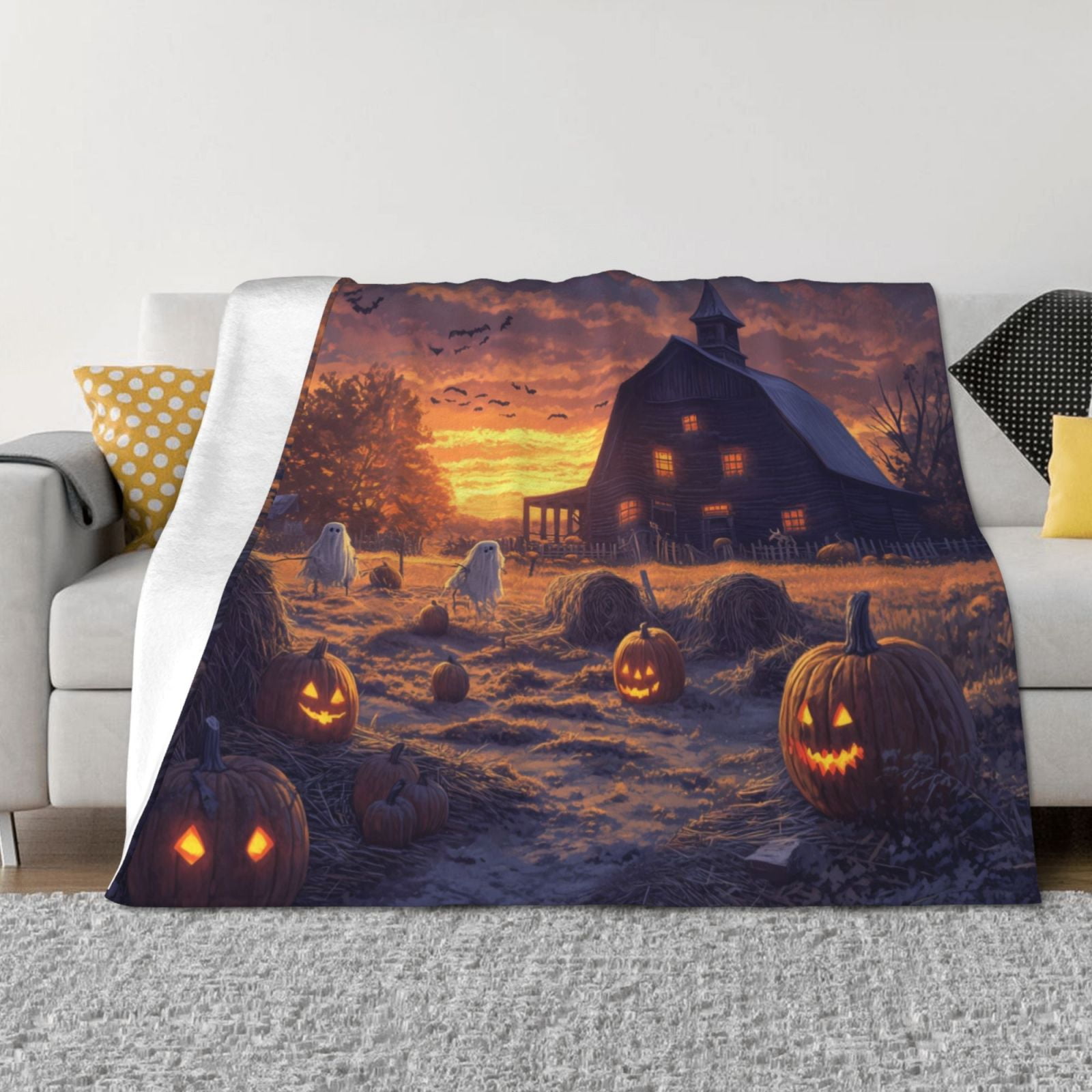 Throw Blanket for Couch, Halloween Farm Pumpkin Ghost A Super Soft ...