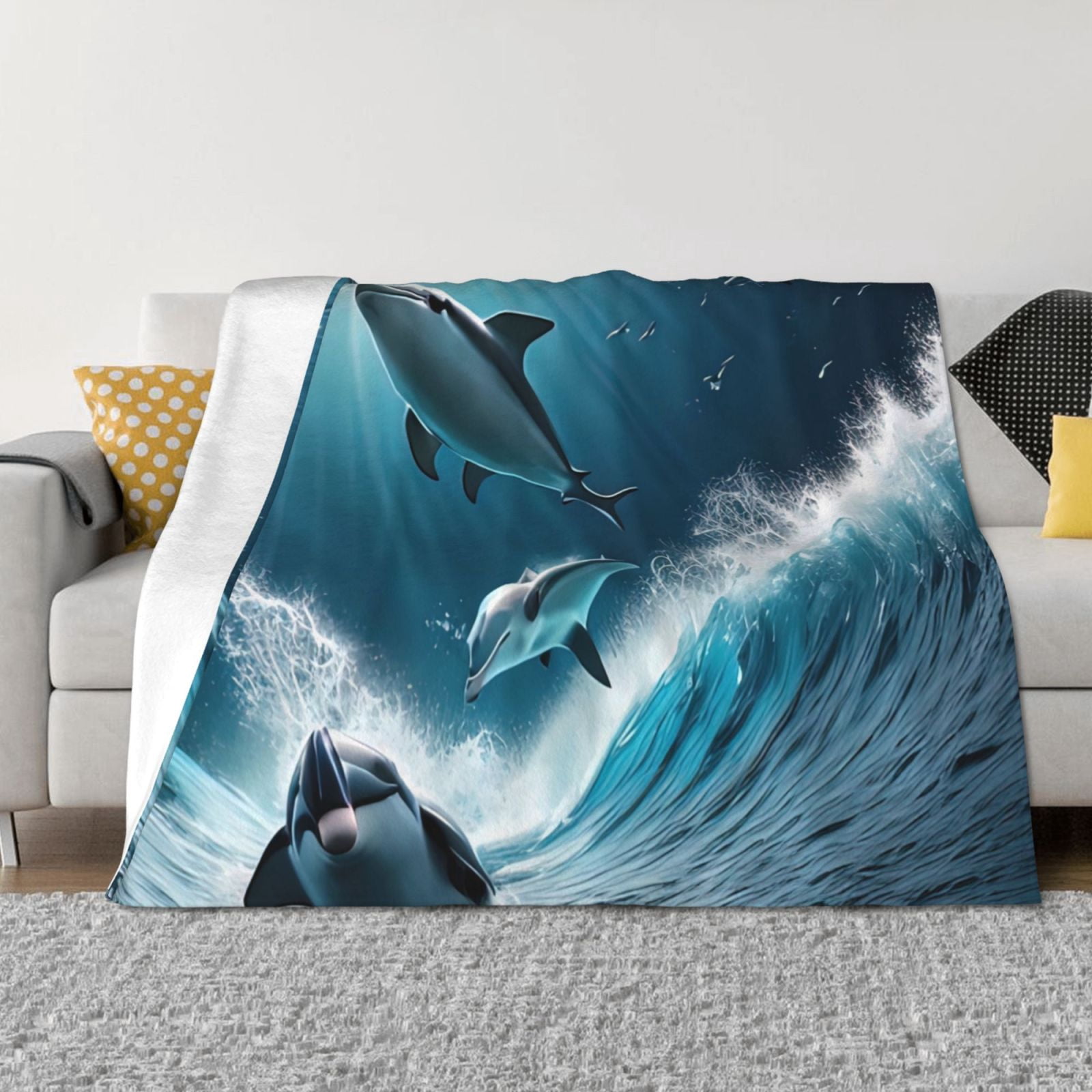 Throw Blanket for Couch, Ice Blue Ocean Cute Dolphin A Soft Comfy Warm ...
