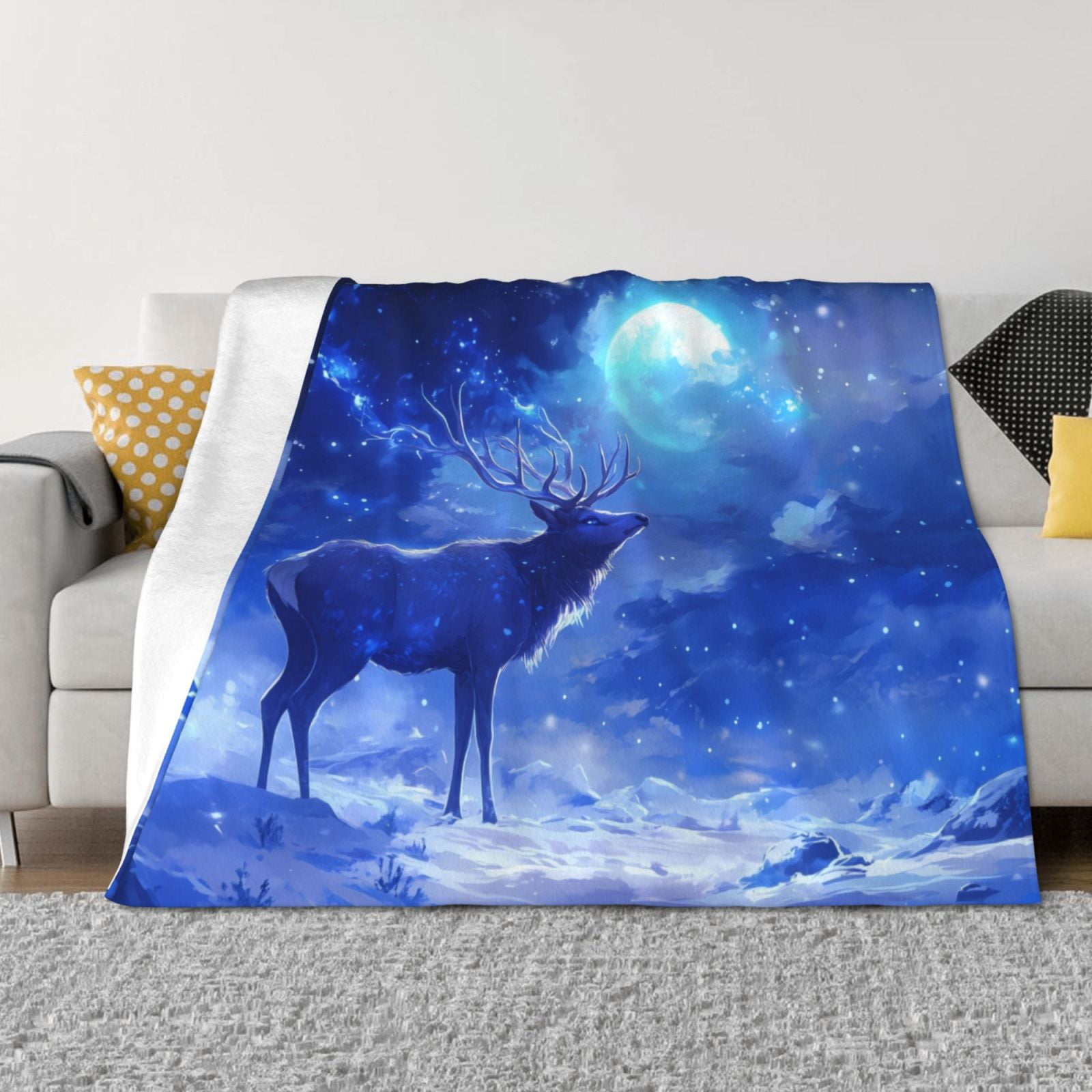 Throw Blanket for Couch Moonlit Night Sky Snowy Deer Super Soft Fuzzy ...