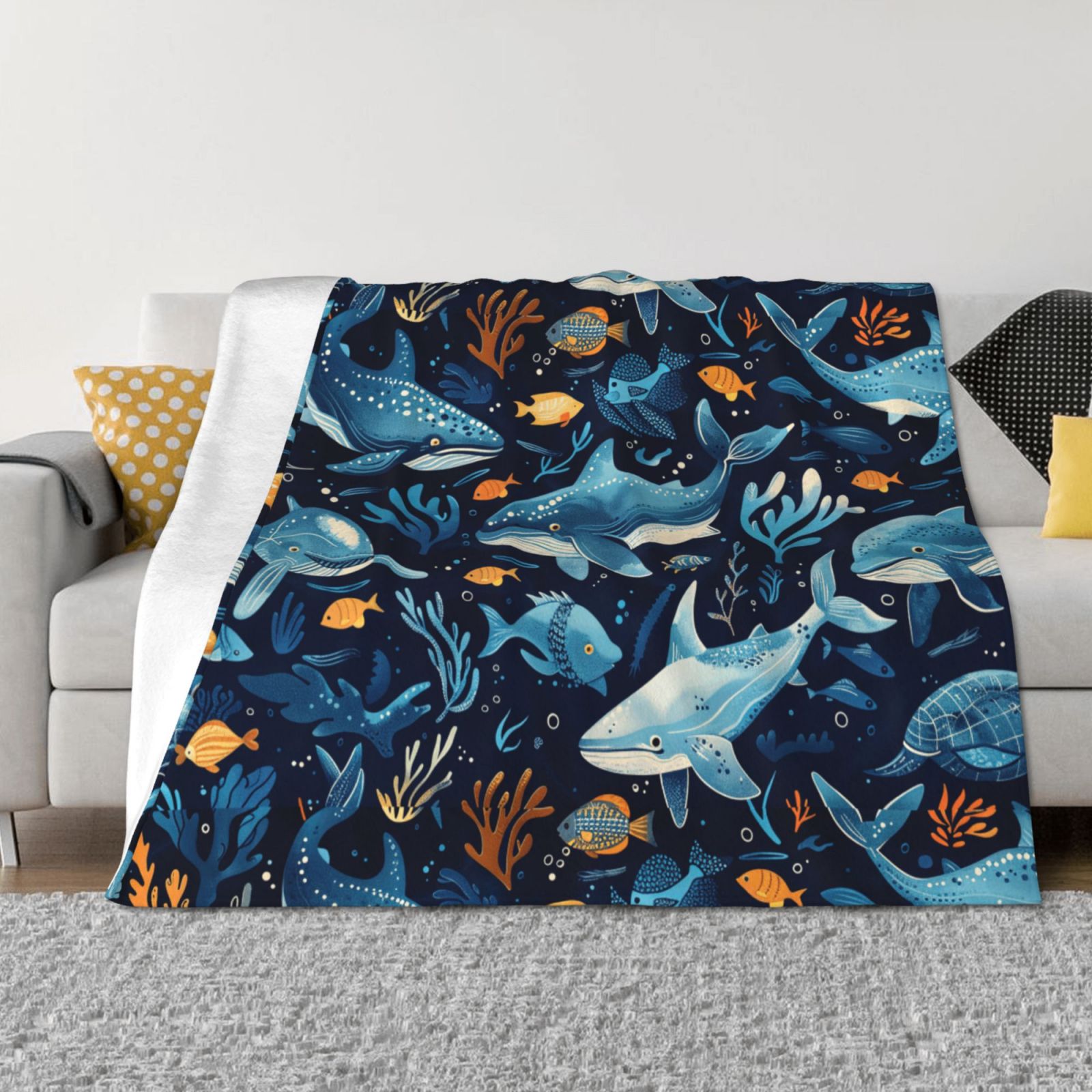 Throw Blanket for Couch, Playful Whales Underwater Scene Super Soft ...