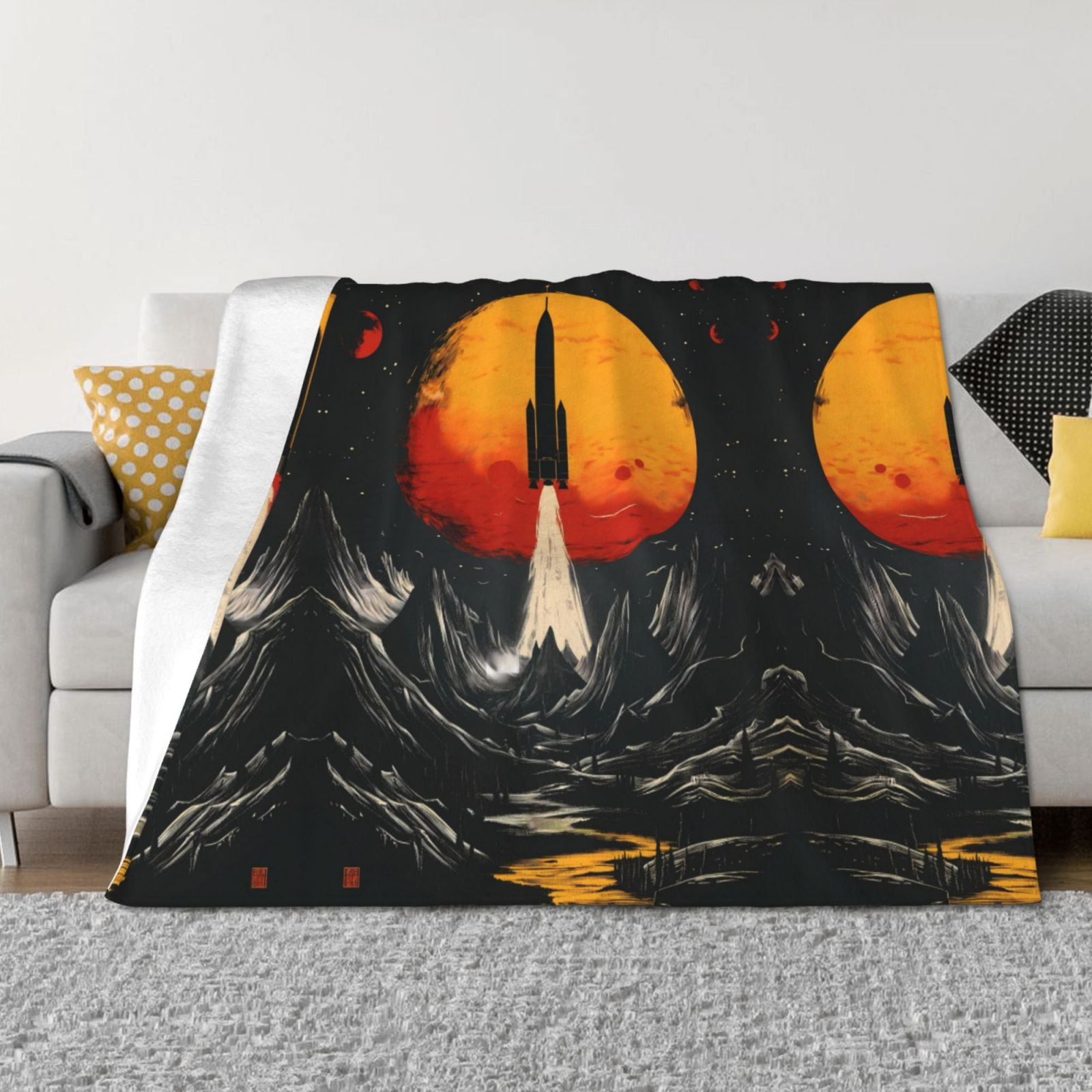 Throw Blanket for Couch - Retro Space Rocket Launch Soft Comfy ...