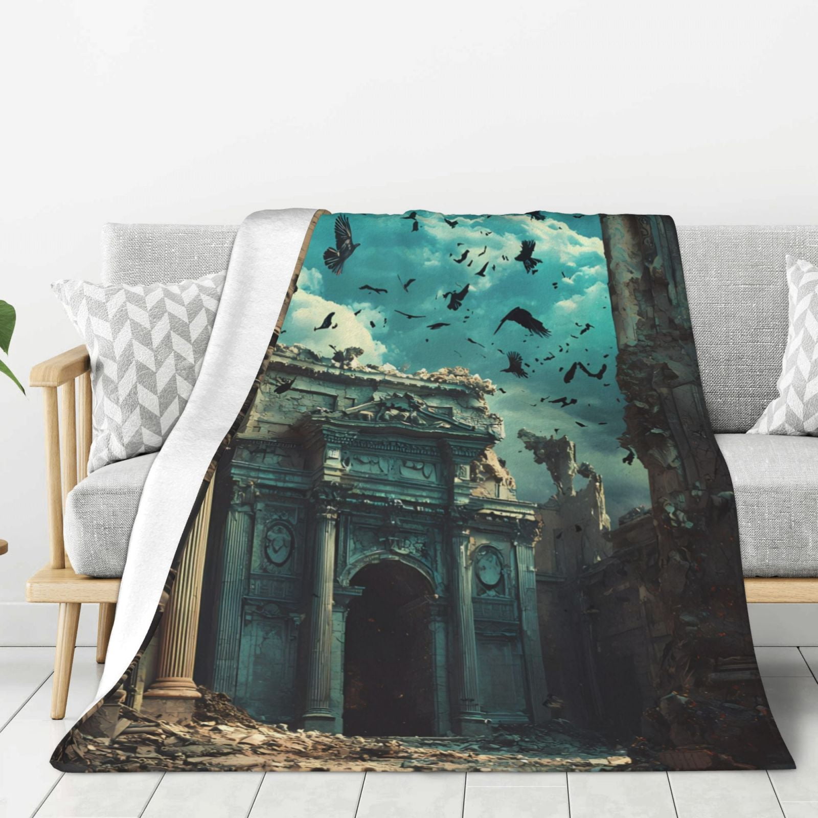 Throw Blanket for Couch Sofa and Bed - Ruined Temple With Crows Super ...