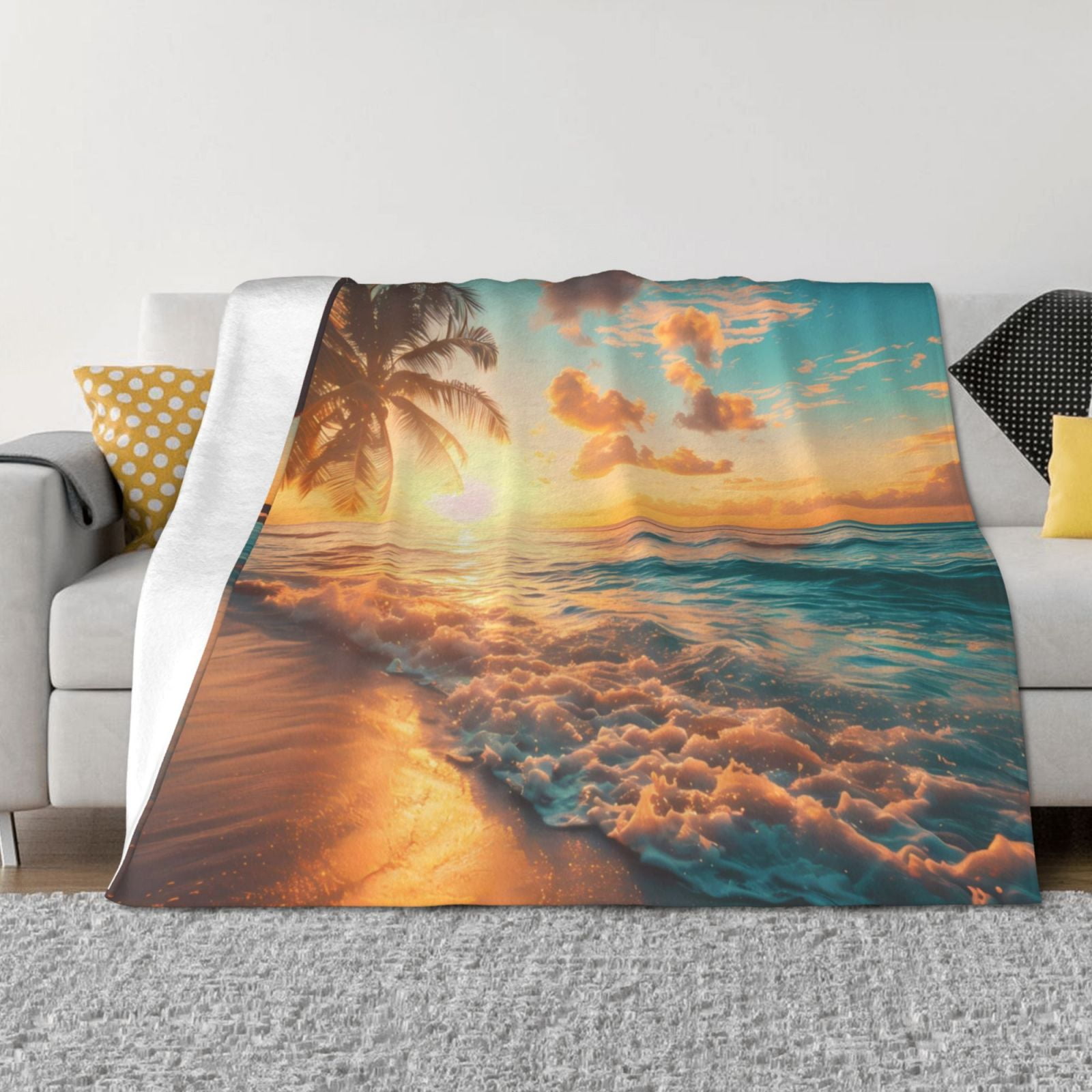 Throw Blanket for Couch, Tropical Sunset Beach Scene Super Soft Fuzzy ...