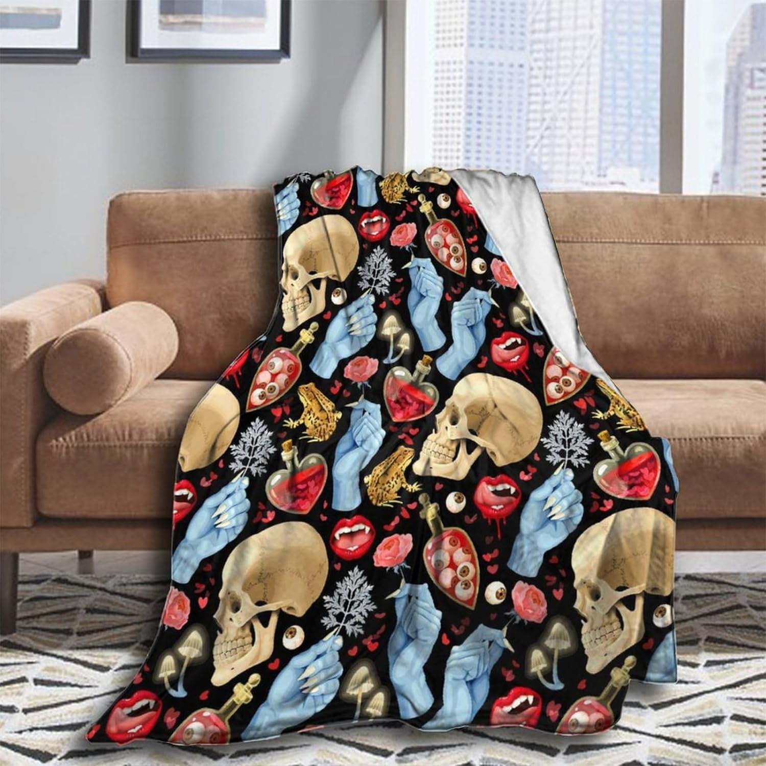 Throw Blanket Flannel Blanket Halloween Goth Skull Mushroom Vampire ...
