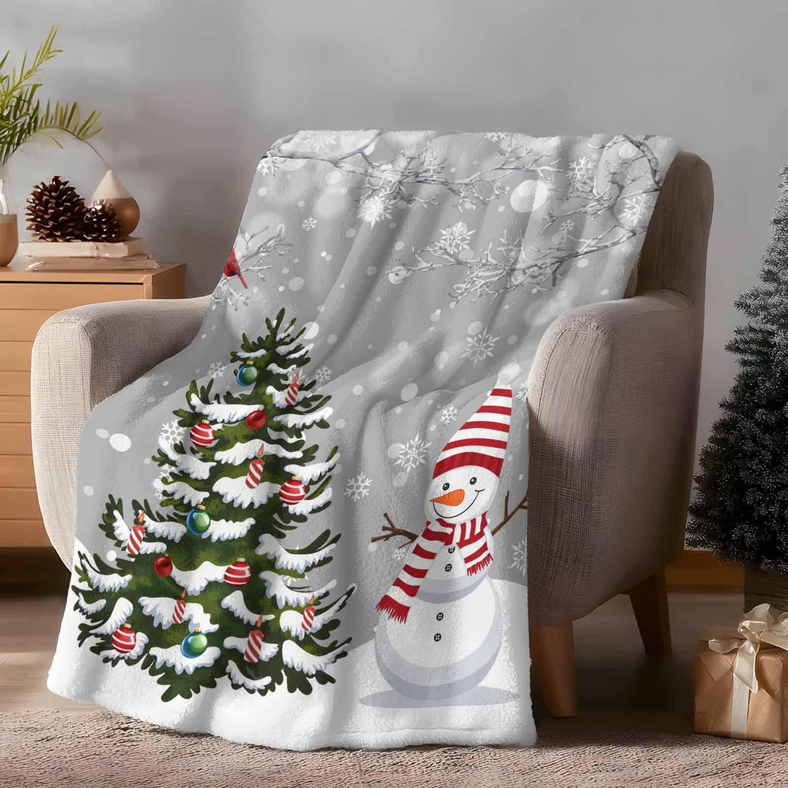 Throw Blanket Fleece Throw Blanket 40x50in, Snowman Xmas Ball Pine Tree ...