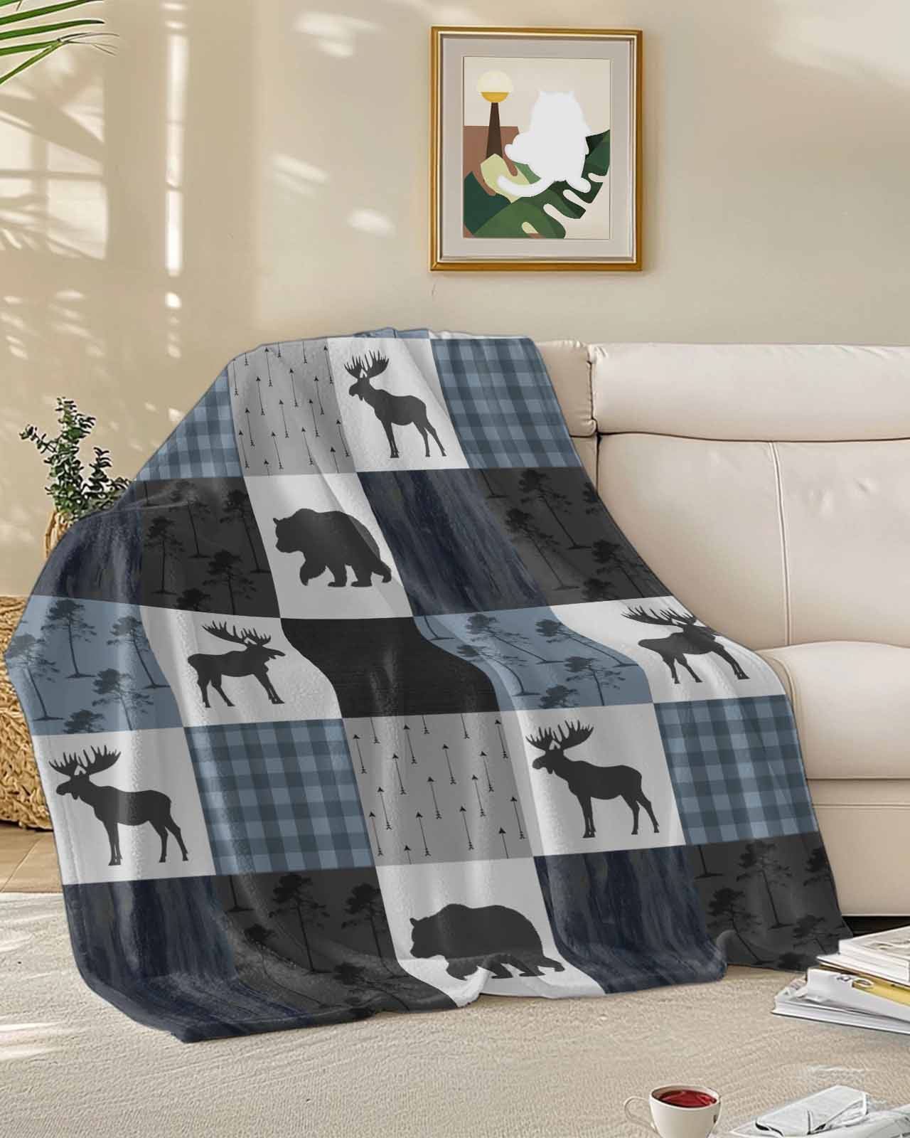 Throw Blanket Fleece Throw Blanket 50x60in, Deer Bear Retro Grey Plaid ...