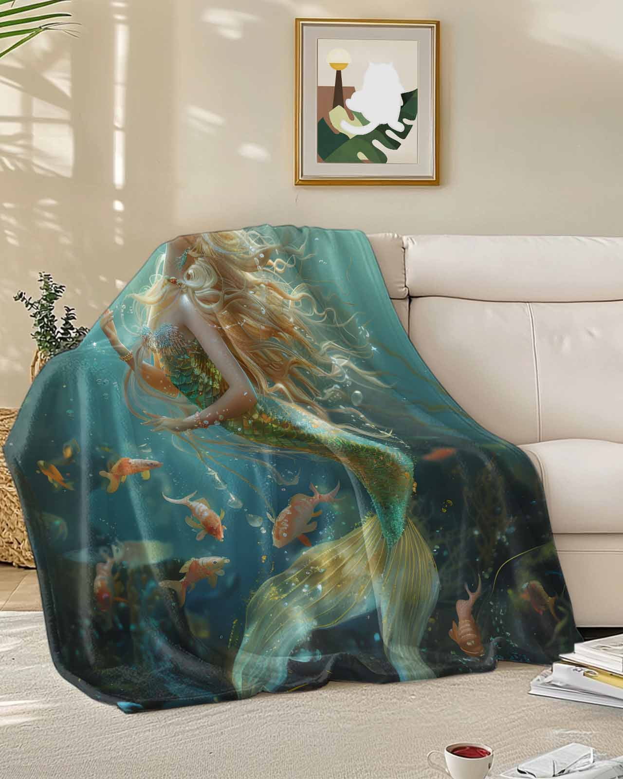 Throw Blanket Fleece Throw Blanket 50x60in, Marine Beautiful Mermaid ...