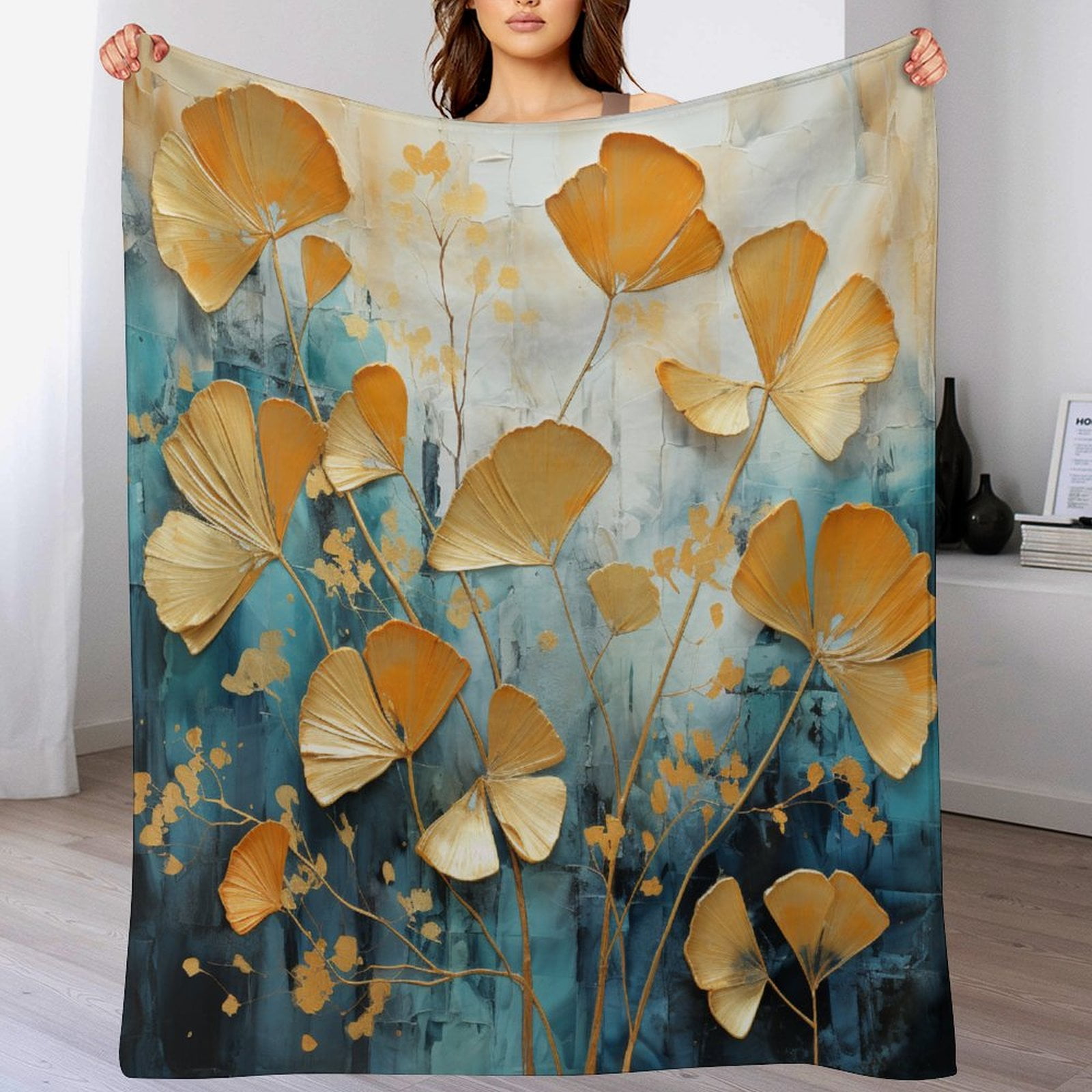 Throw Blanket Ginko Leaves in Gold And Turquoise with Marble Luxury Velvet Super Soft Turquoise ...