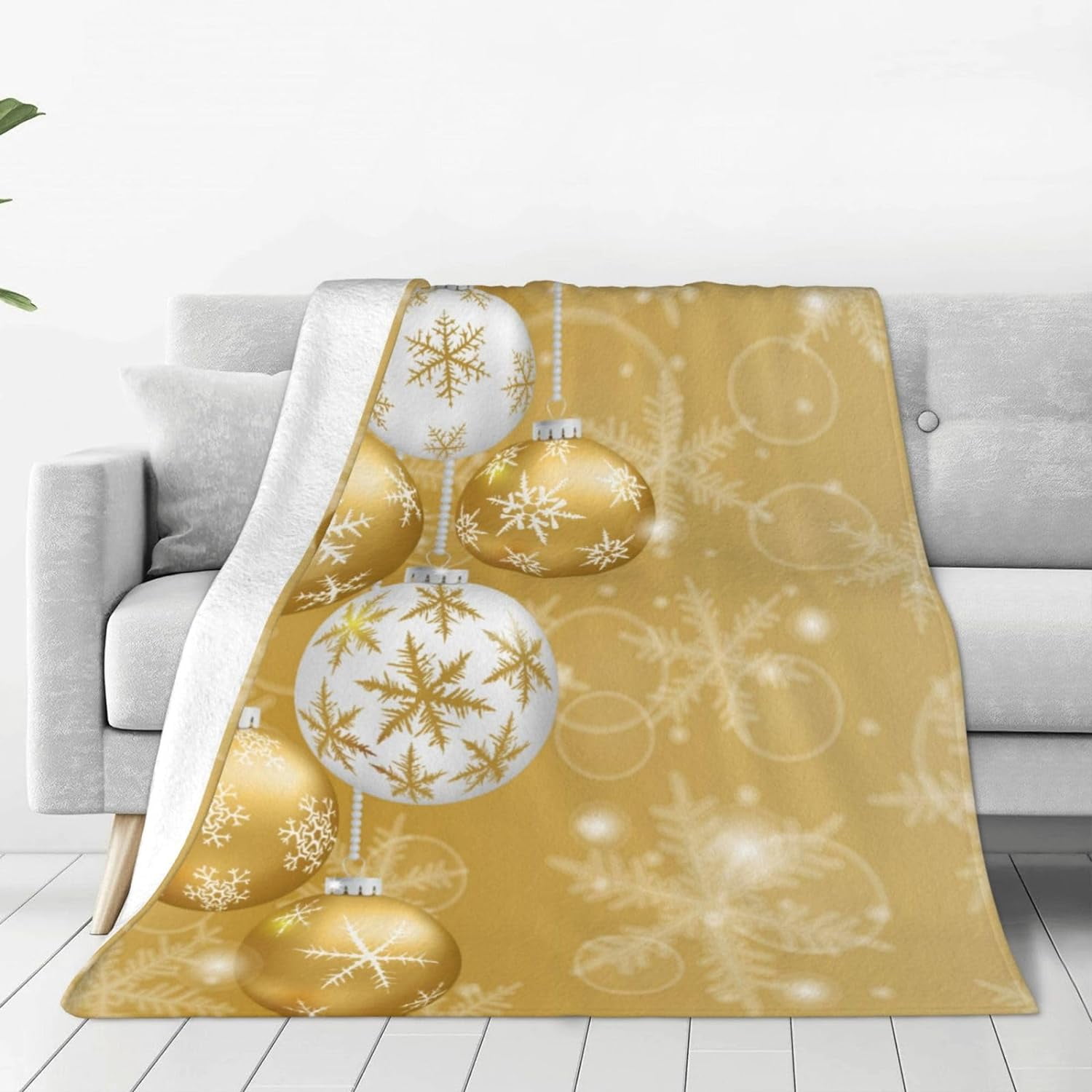 Throw Blanket Gold Christmas Ball Snowflake Xmas Couch Blankets Plush ...