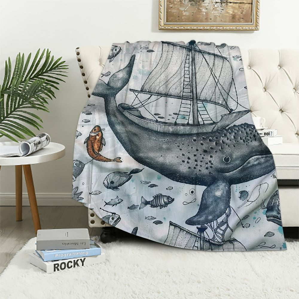 Throw Blanket Nautical Pattern Sailboat Fish Sperm Whale Anchor Shell ...