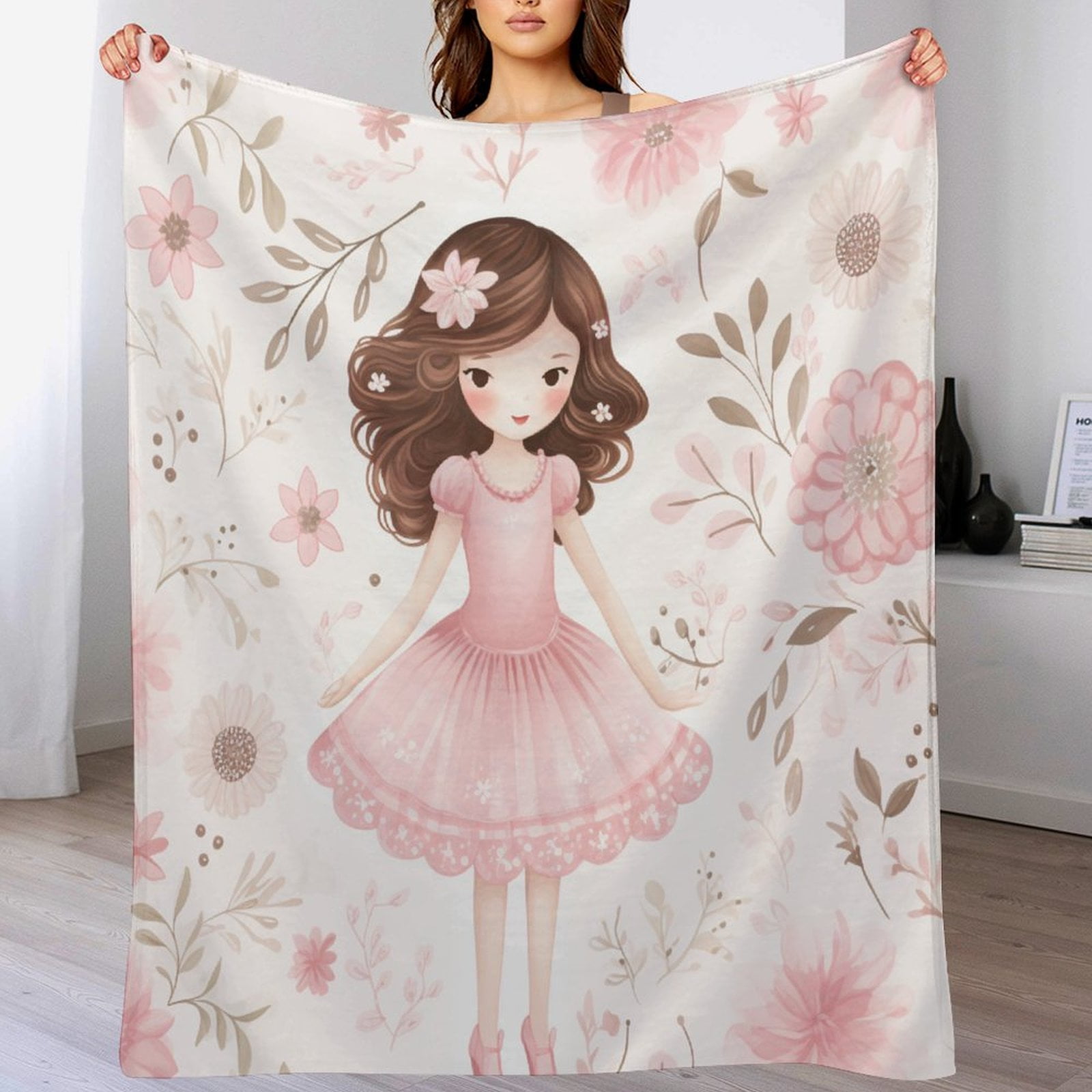 Throw Blanket Pink Floral Ballerina Brown Hair Girl Soft Warm Cozy ...