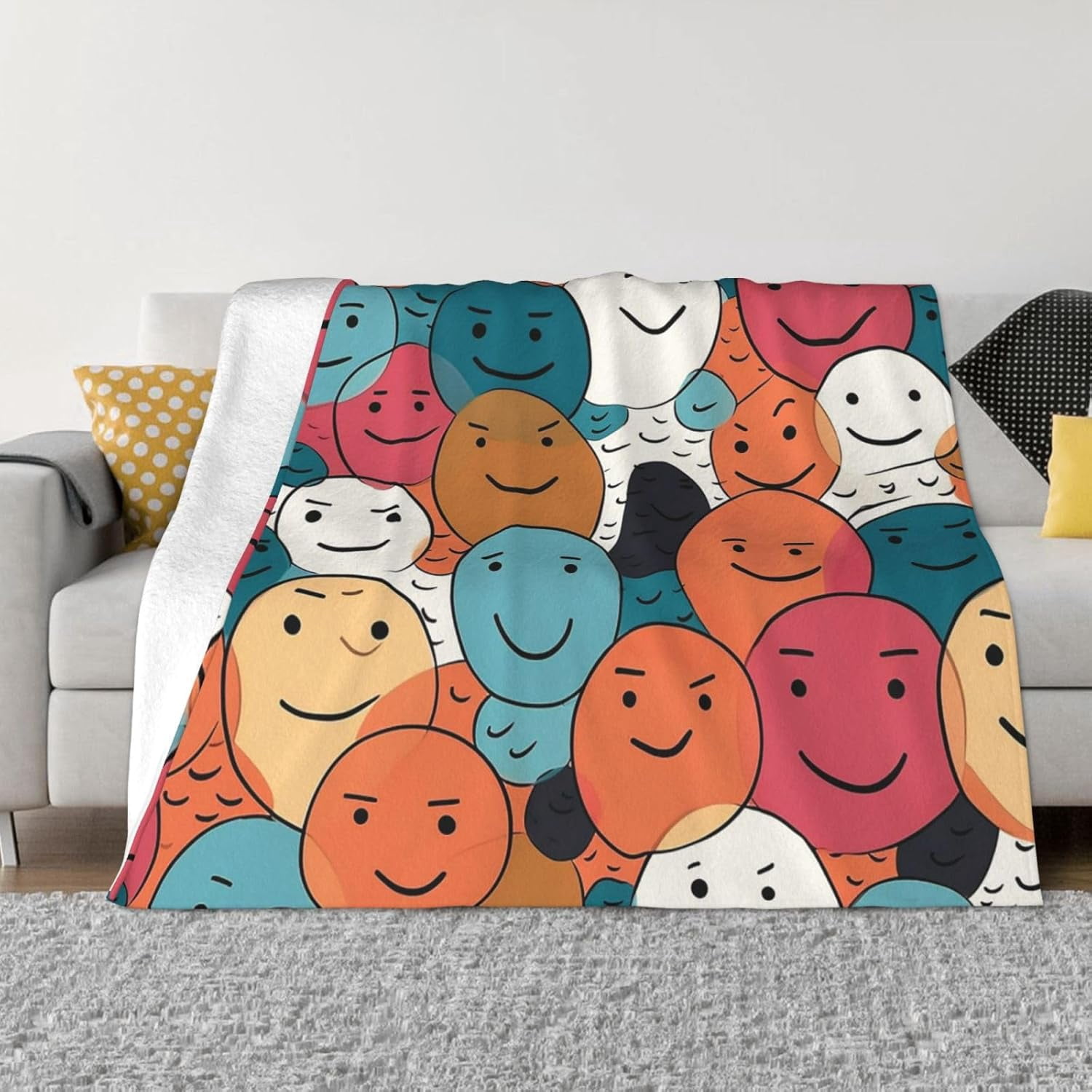 Throw Blanket Reversible Plush Blanket 40"x30" Different Colored Smiley Faces Blankets Flannel ...