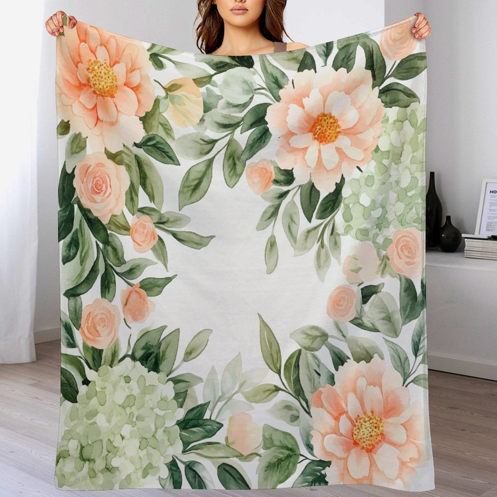 Throw Blanket Spring Peach Watercolor Floral Luxury Velvet Super Soft ...