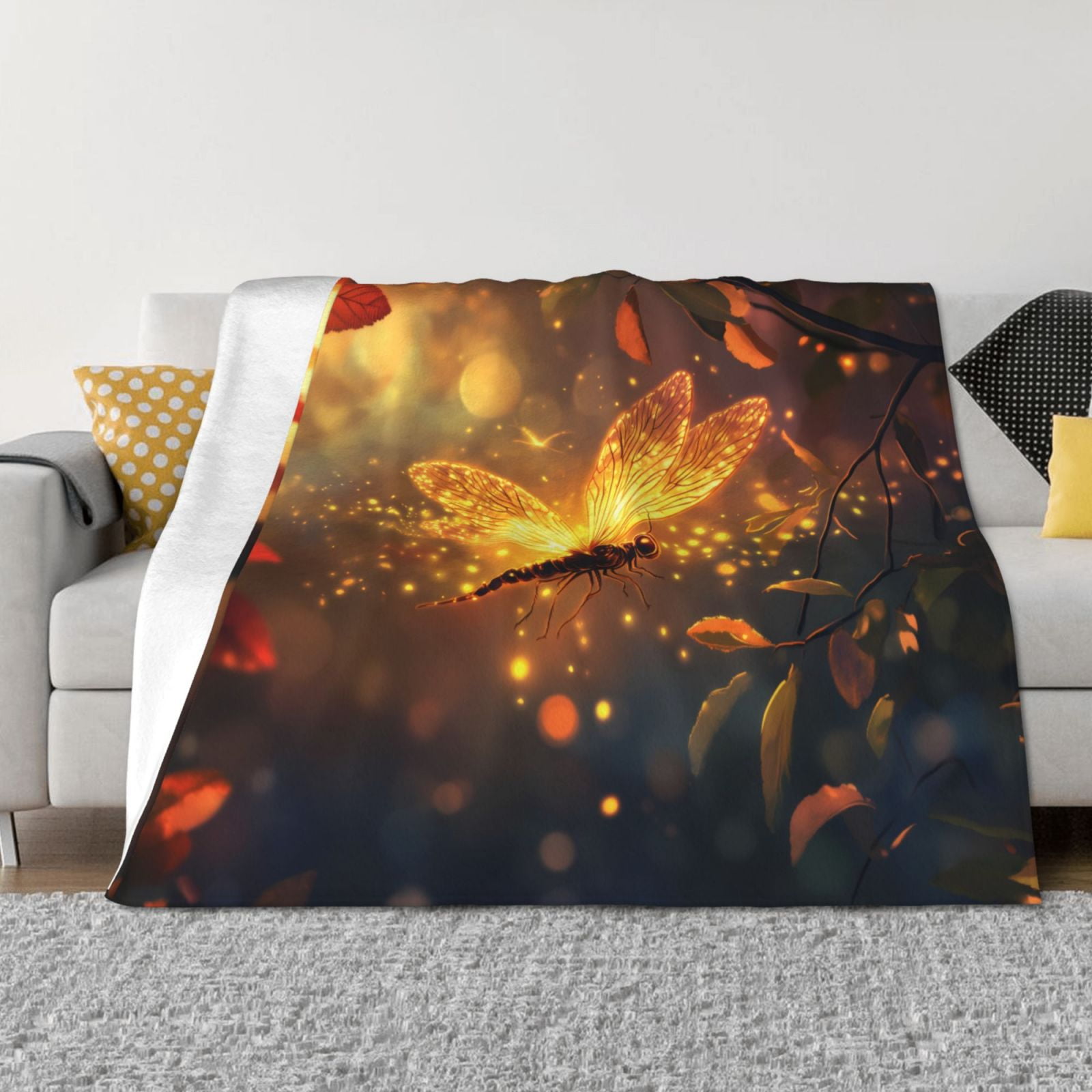 Throw Blanket for Couch, Autumn glowing dragonfly Soft Comfy Warm Plush ...