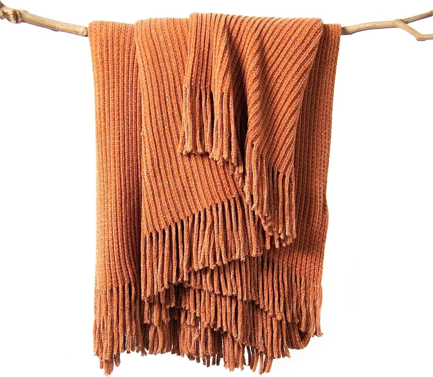 Throw Blanket for Couch, Soft Boho Bed Throw,Cozy Burnt Orange Chenille ...