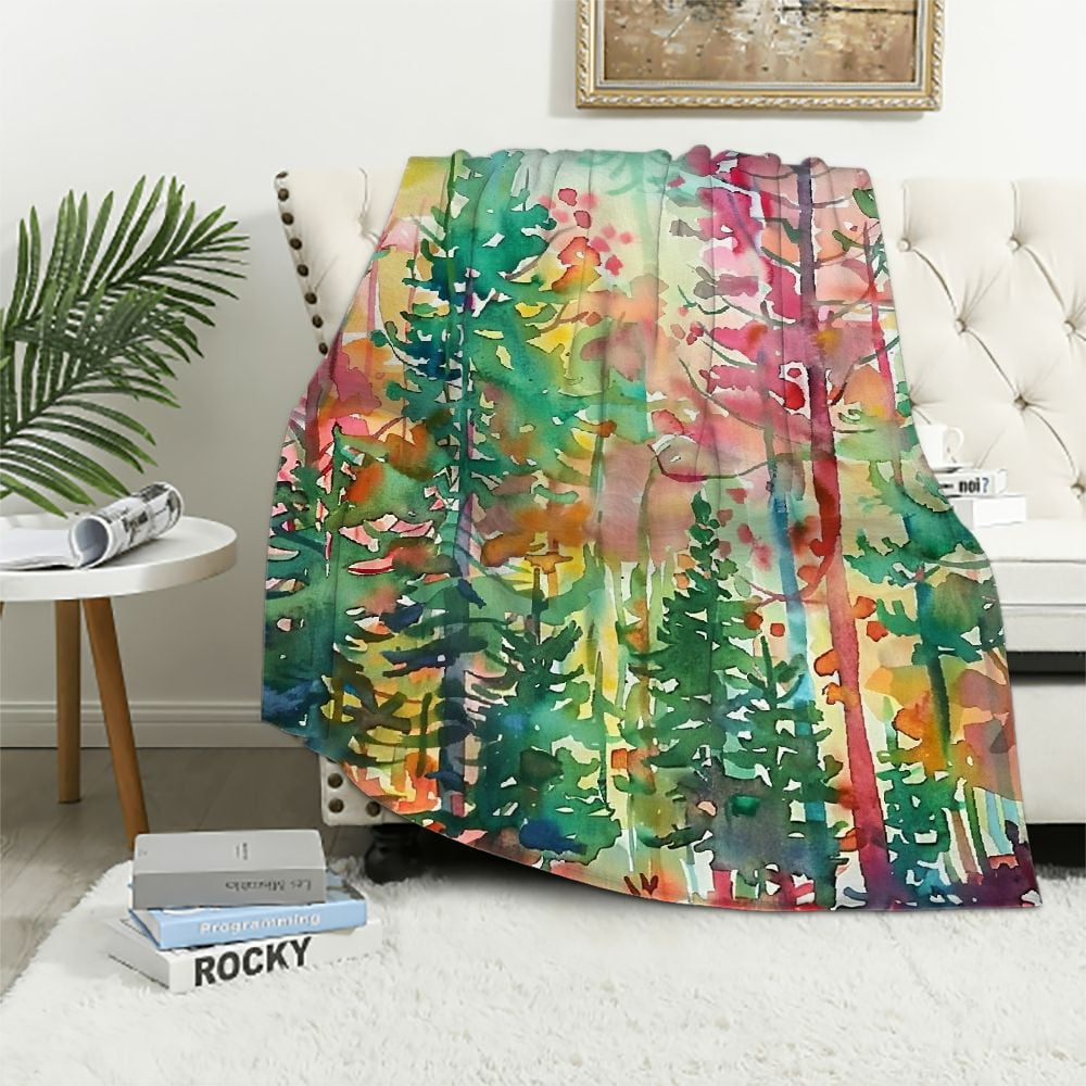 Throw Blankets for Bed Colorful Pine Trees Watercolor Flannel Cozy Warm ...