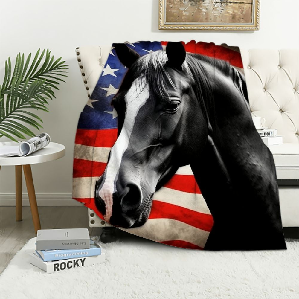 Throw Blankets Fleece Blanket for Sofa Bed Black Horse Retro American ...