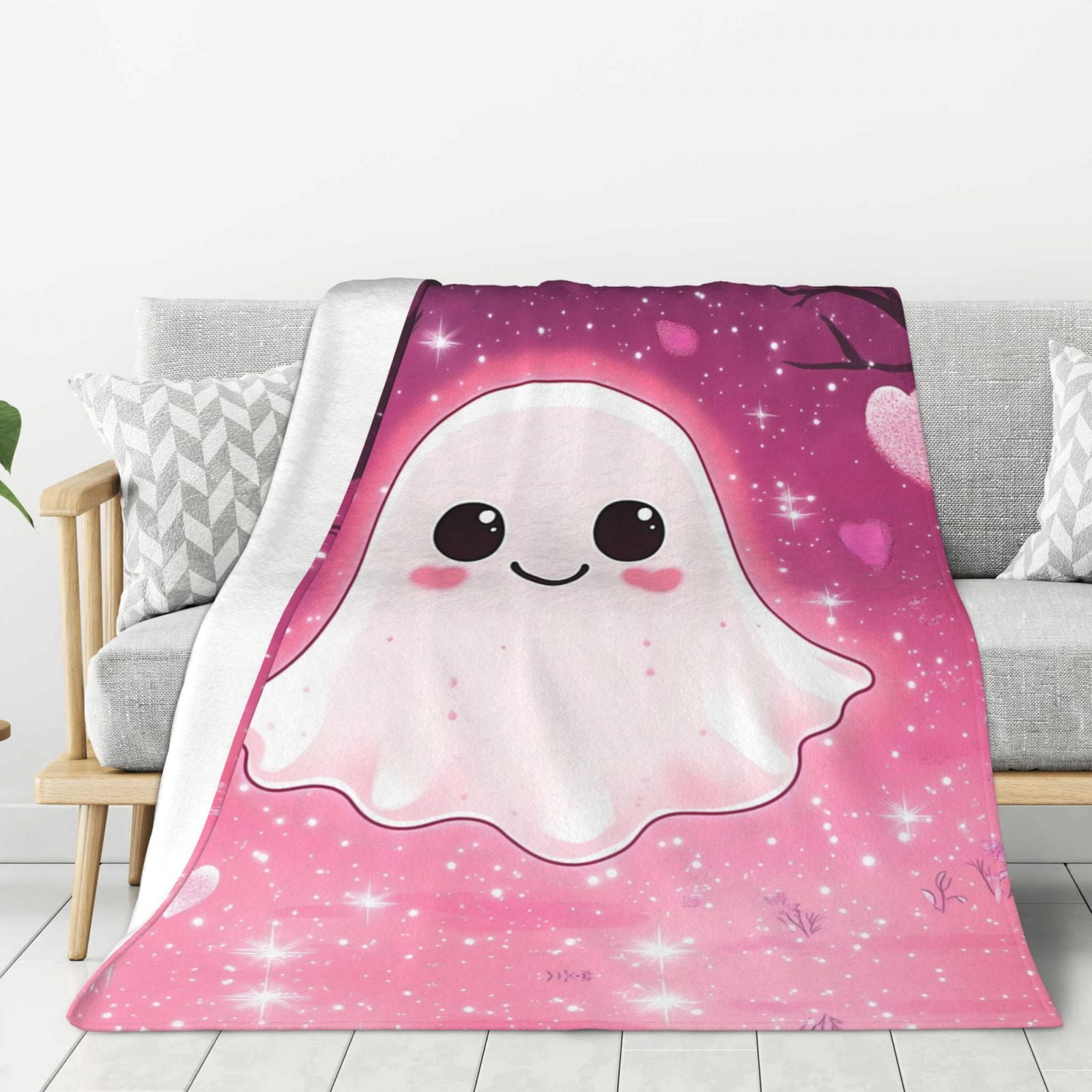 Throw Halloween Blanket for Couch Sofa Bed Halloween Pink Cute Ghost ...