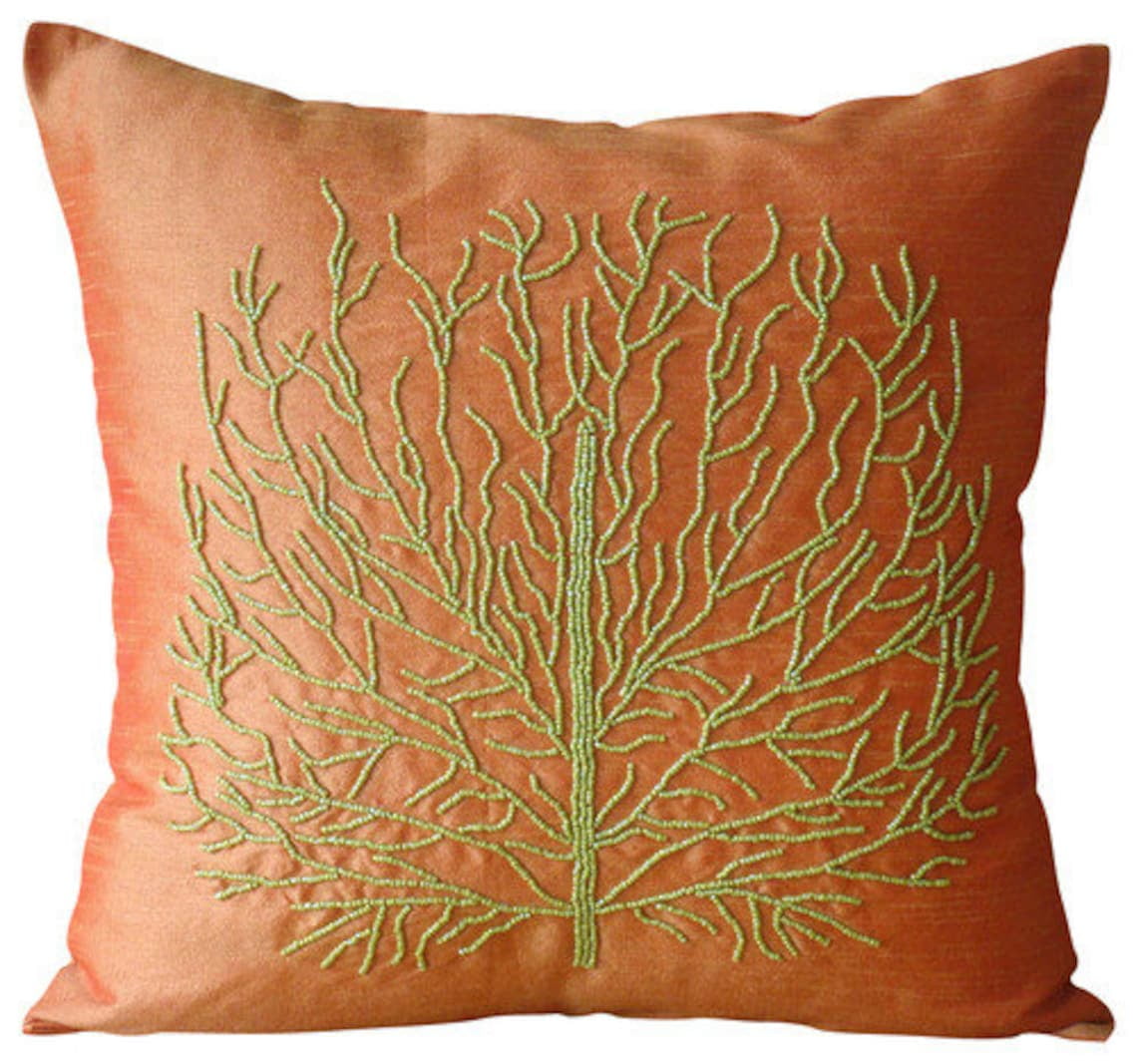Throw Pillow Case, Orange Pillow Cases, Beaded Green Tree Pillows Cover ...