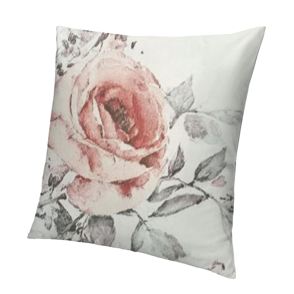 Throw Pillow Cover Gray Abstract with Pink Flowers and Leaves on White ...