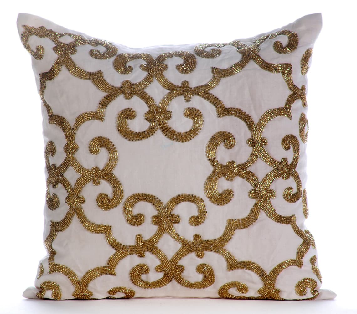 Throw Pillow Cover With Zipper, Gold Shams, Beaded Damask Turkish ...