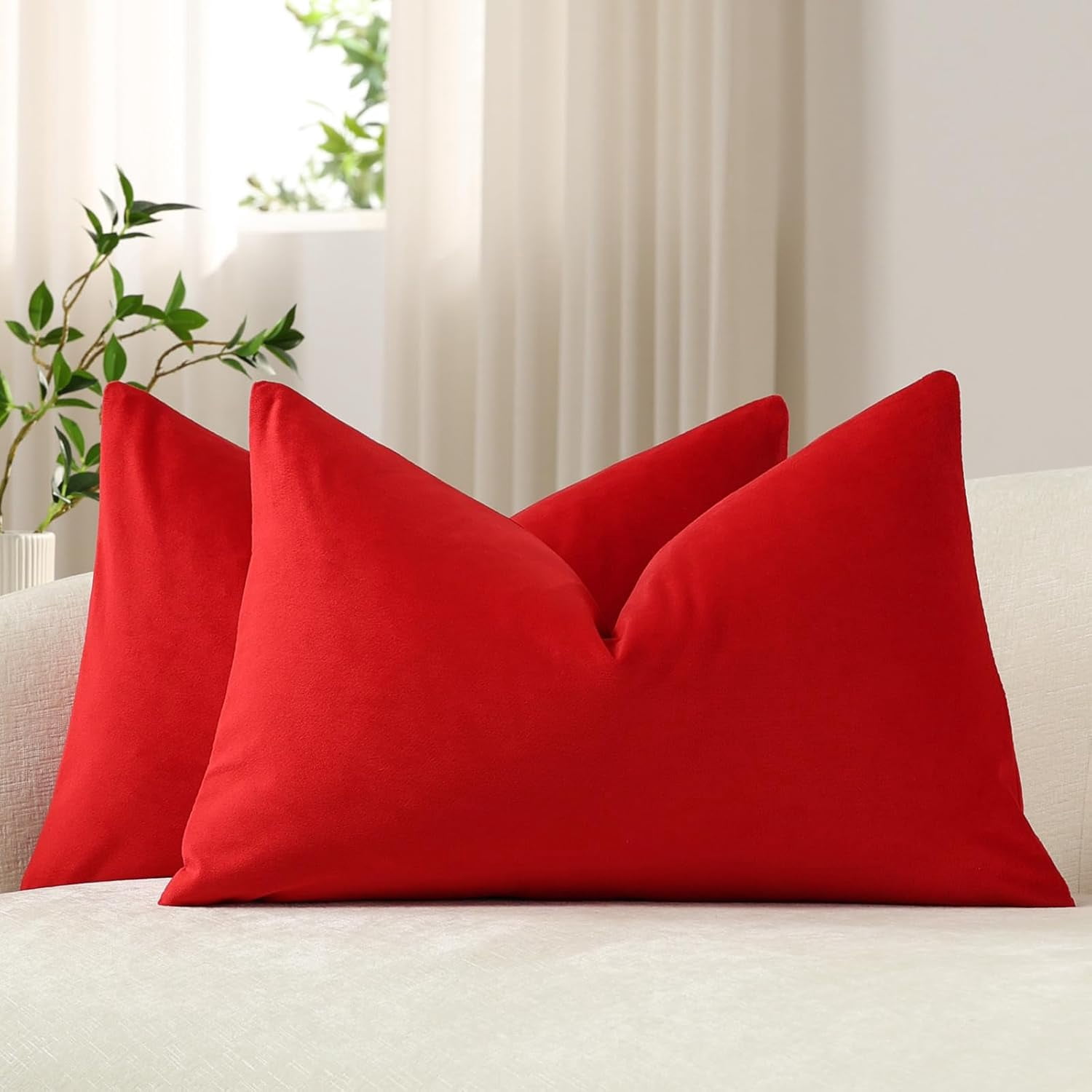 Throw Pillow Covers 12x20 Red: 2 Pack Cozy Soft Velvet Rectangular ...