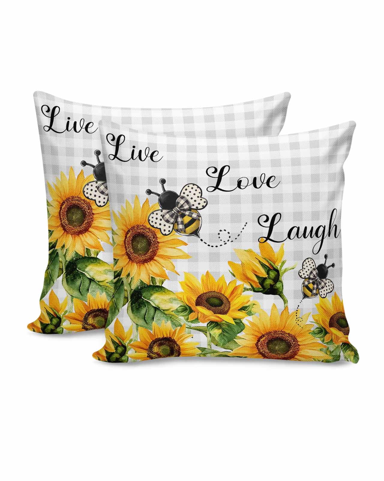 Throw Pillow Covers 18x18 Set of 2 Sunflower Bee Grey Plaid Decorative ...