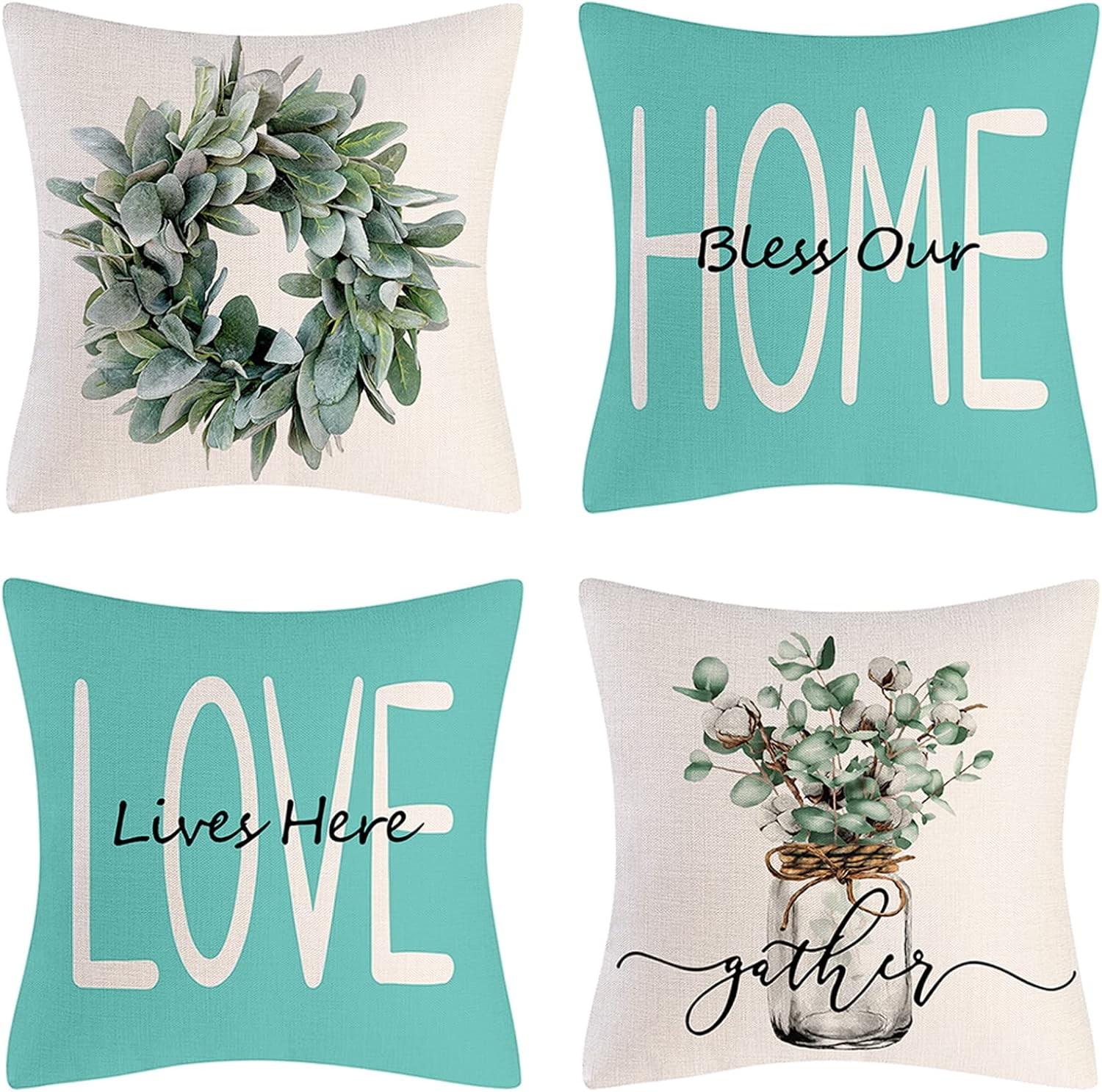 Throw Pillow Covers 18x18 Set of 4 Farmhouse Teal Pillow Covers Cushion ...