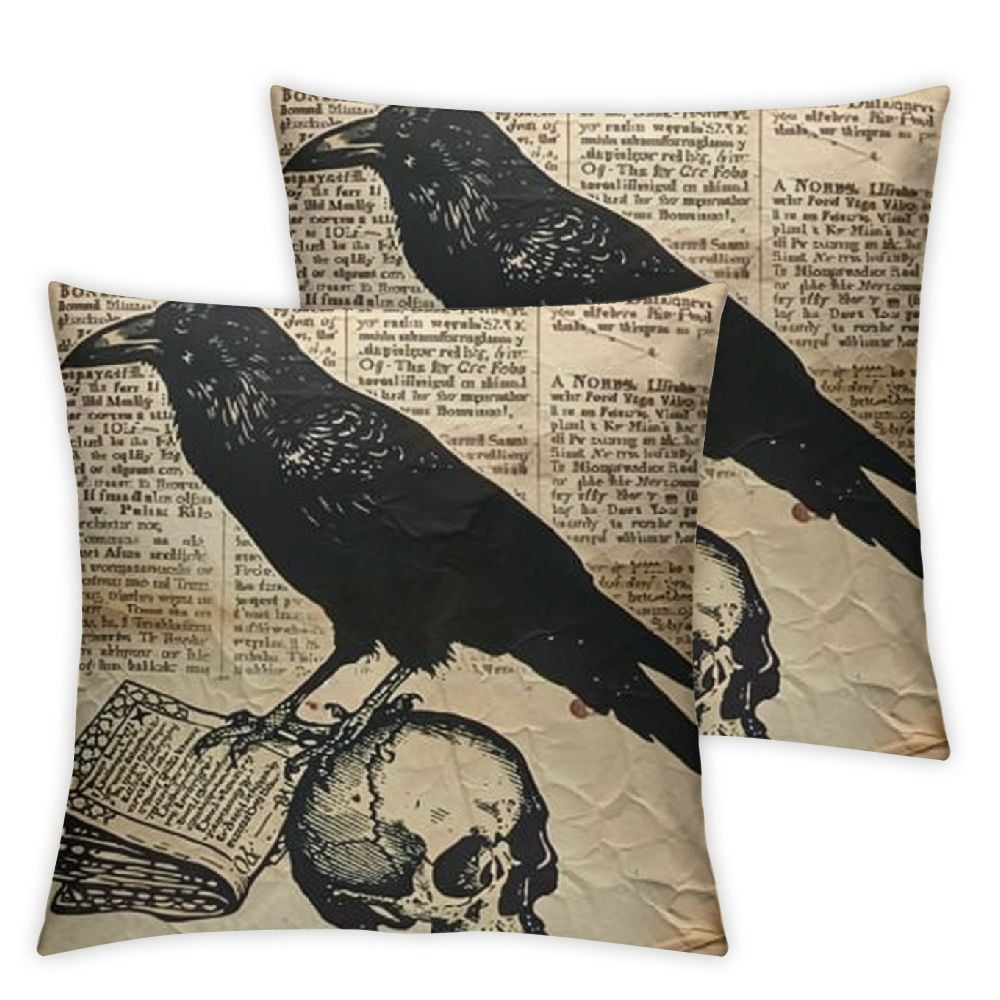 Throw Pillow Covers Black Crow Standing on Human Skull Square ...