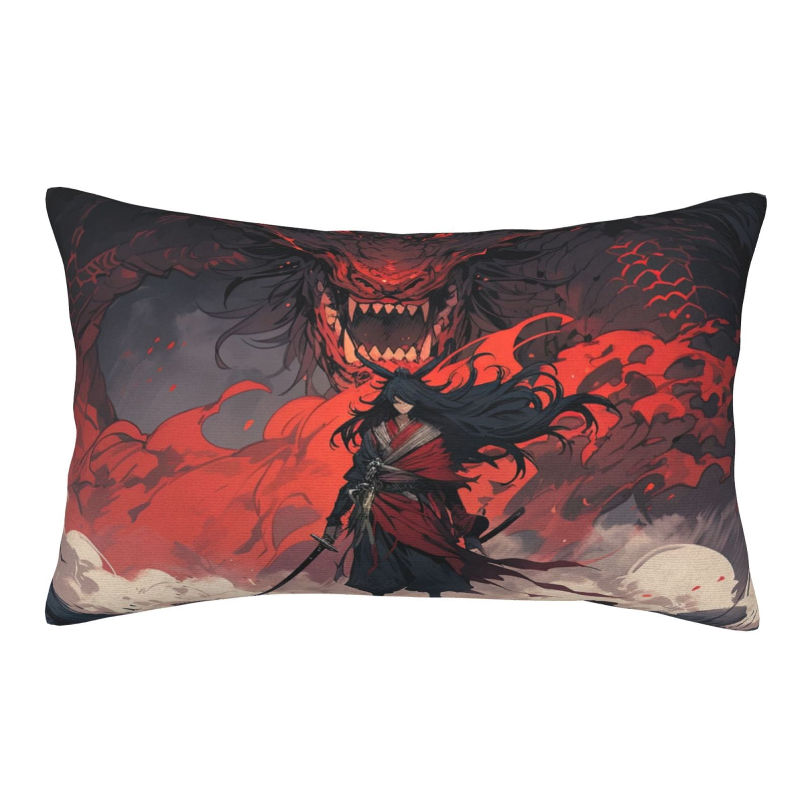 Throw Pillow Covers Red Black Dragon Eastern Swordsman Luxury Soft ...