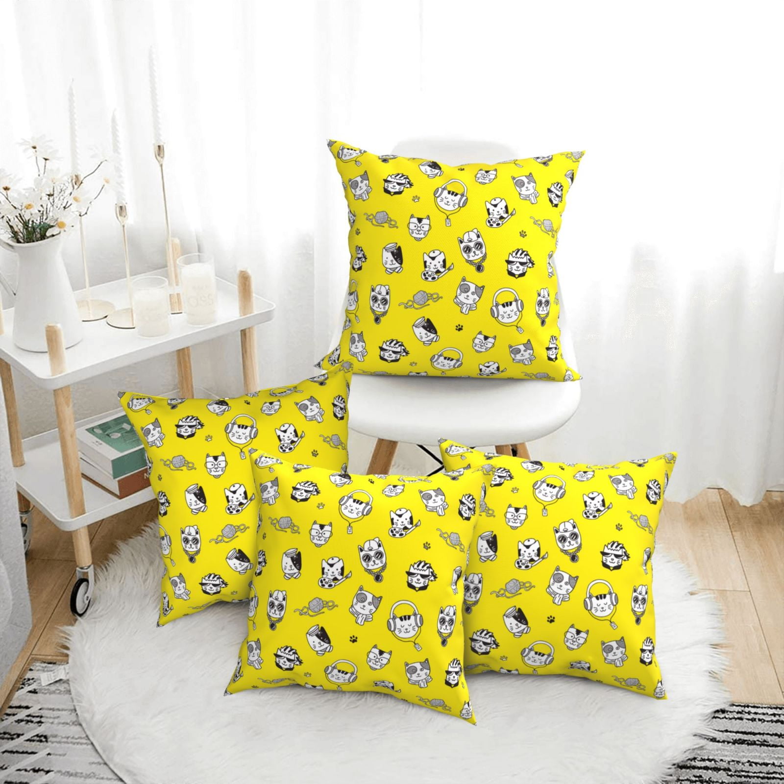 Throw Pillow Covers Set of 4 - Abstract Lines Cartoon Cats Dogs Square ...