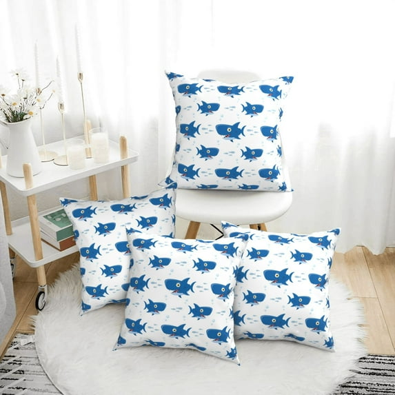 Throw Pillow Covers Set of 4 - Cartoon Cute Shark Blue_A Square ...