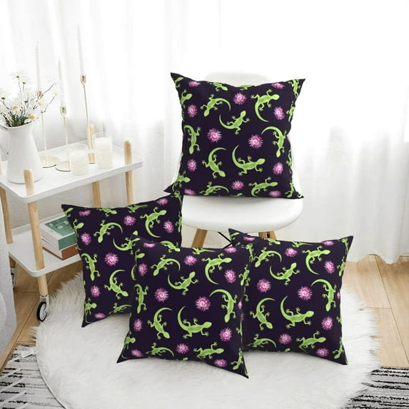 Throw Pillow Covers Set of 4 - Cute Lizard Gecko Floral Pink Square ...