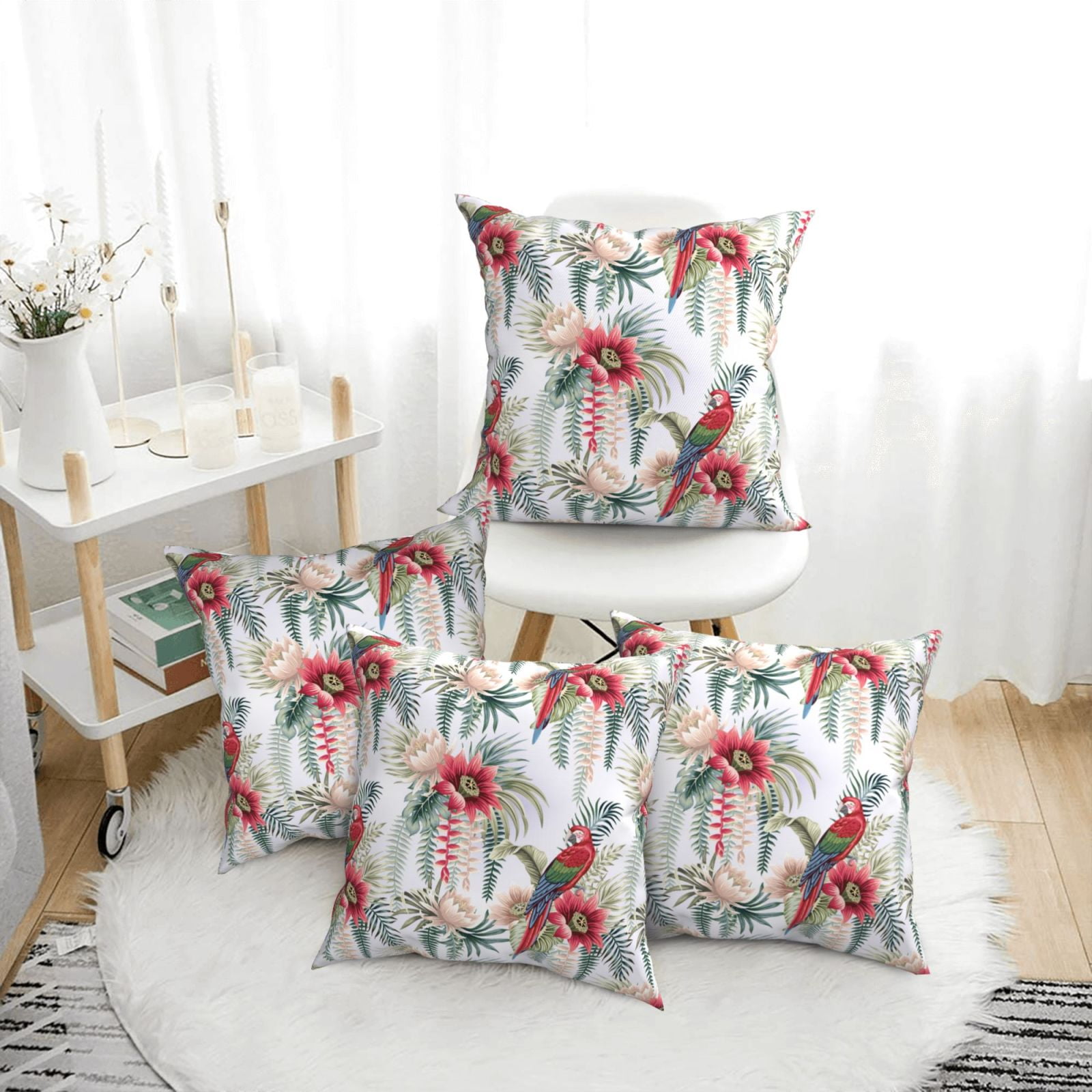 Throw Pillow Covers Set of 4 - Cute Parrot Flowers Palm Leaves Square ...