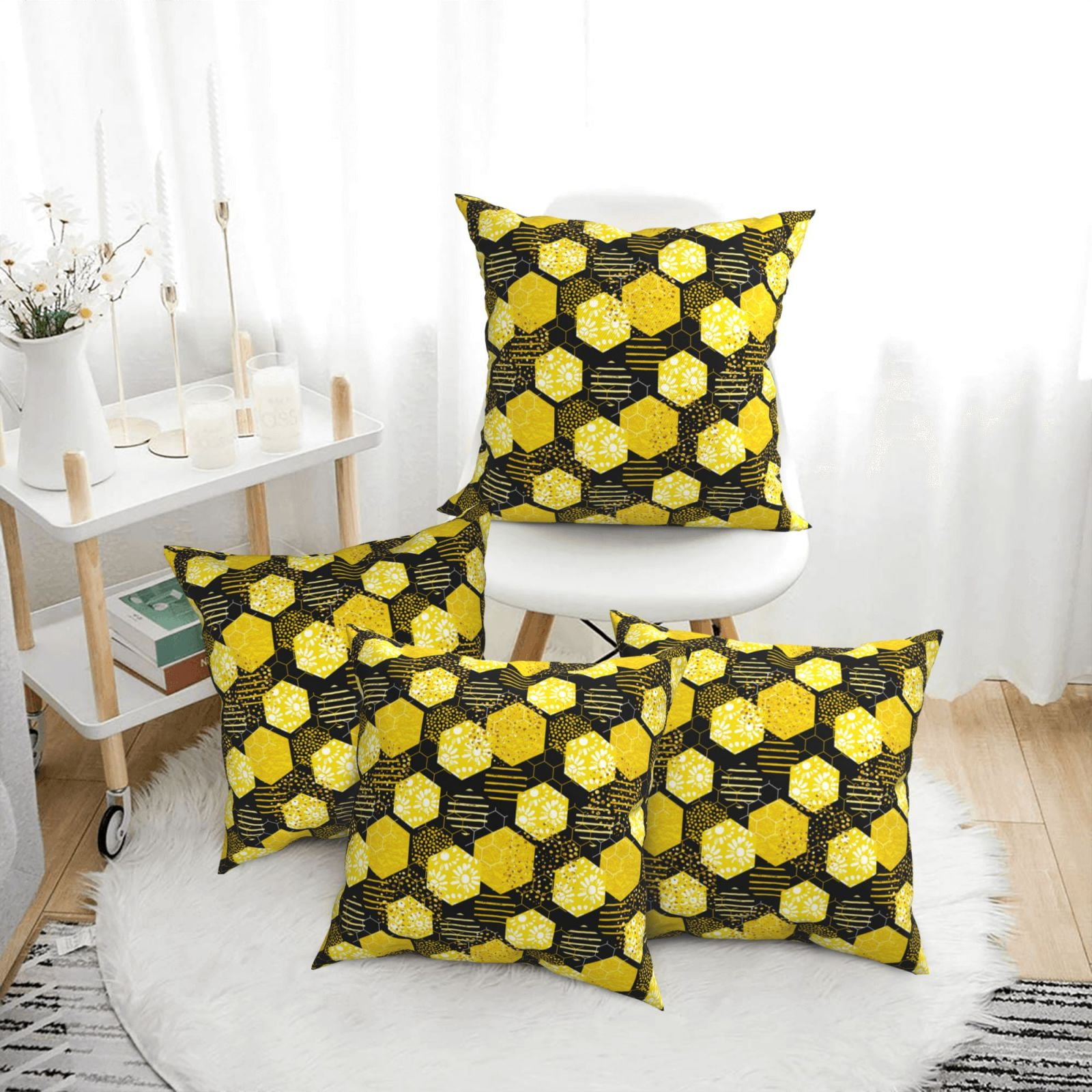 Throw Pillow Covers Set of 4 - Geometric Pattern with Bee Square ...