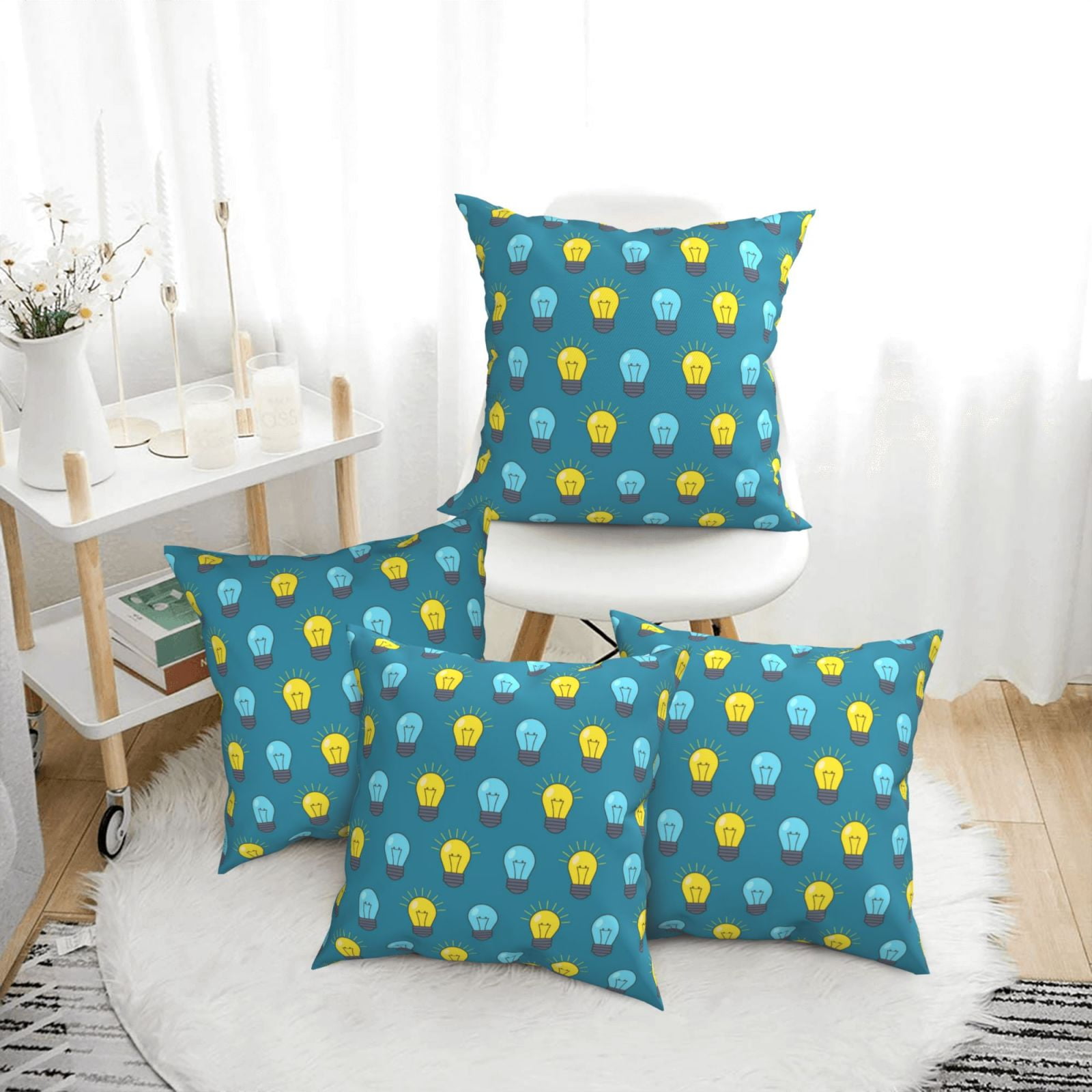 Throw Pillow Covers Set of 4 - Light Bulb blue yellow Square Decorative ...
