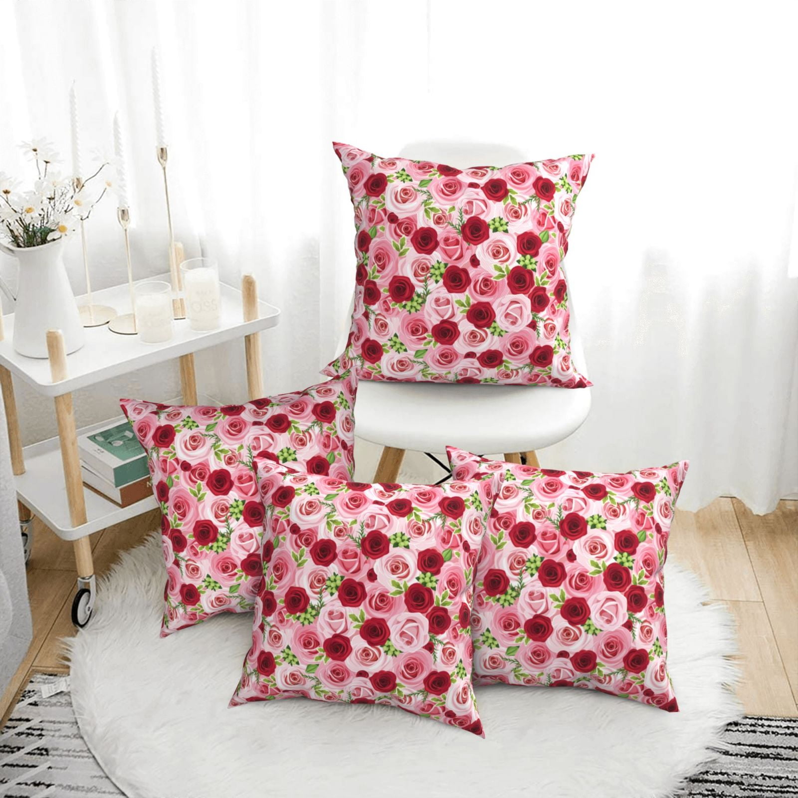 Throw Pillow Covers Set of 4 - Rose Flowers Pink Red Square Decorative ...