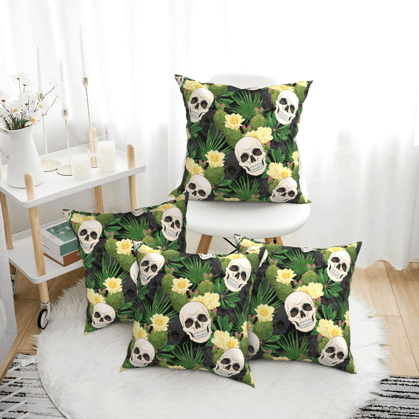 Throw Pillow Covers Set of 4 - skull Cactus blooming Square Decorative ...