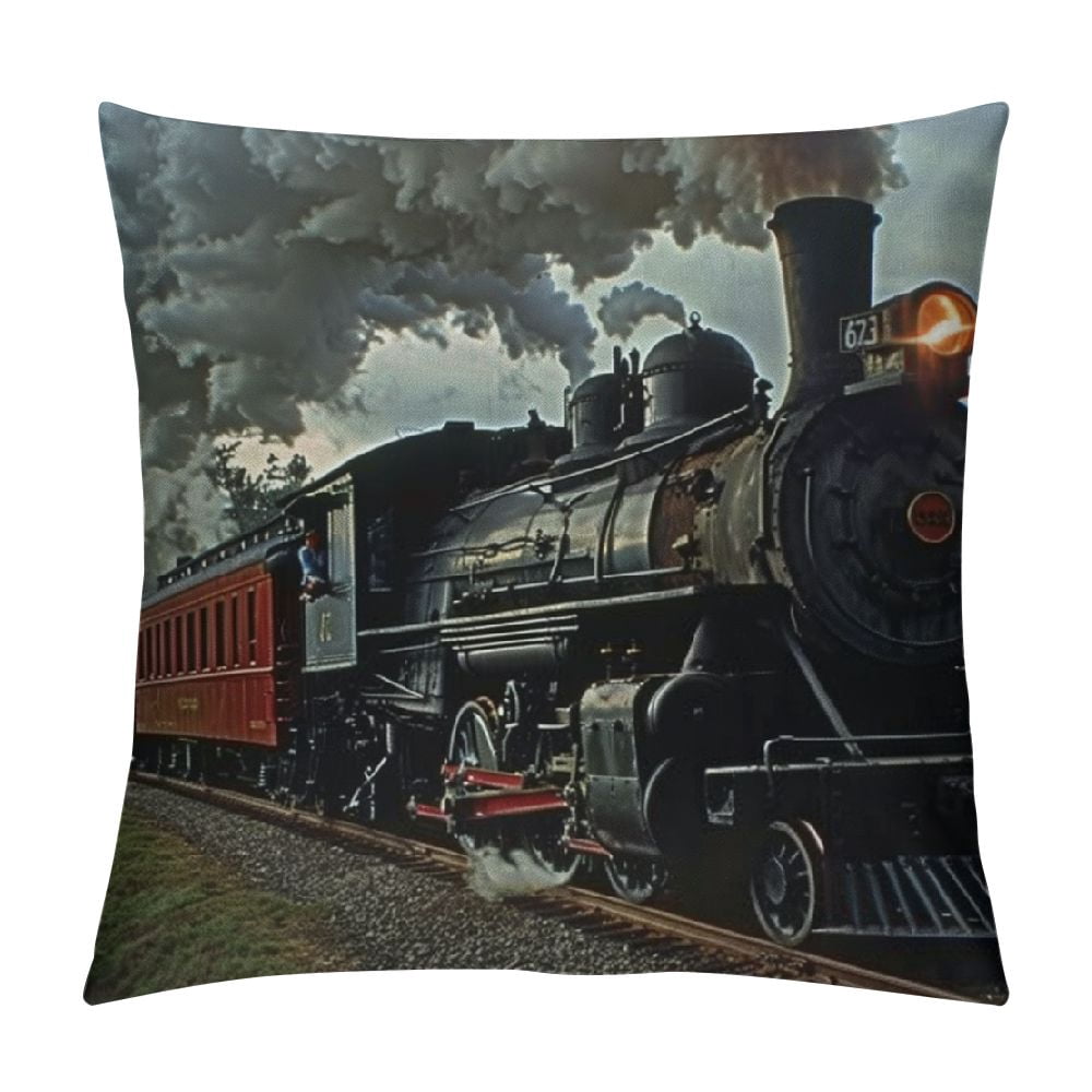 Throw Pillow Cushion Cover, Vintage Locomotive in Countryside Scenery ...