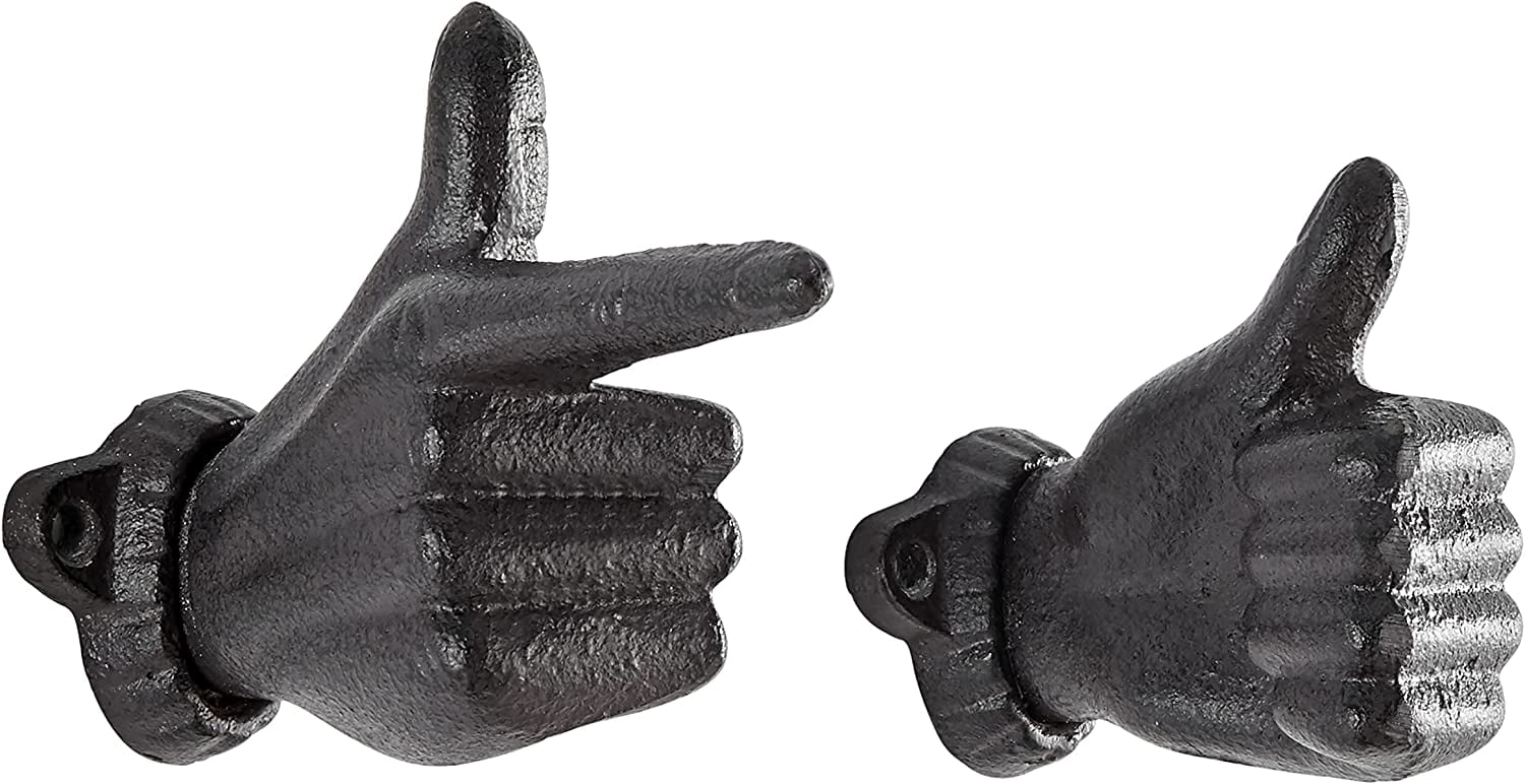 . "Thumbs up & Pointing Finger" Dark Brown Cast Iron Wall Mount Hook ...