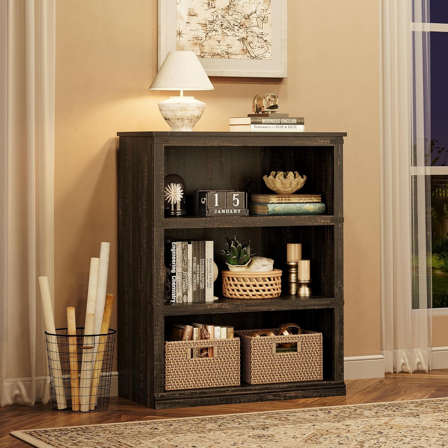 Thunder 3 Tier Bookcase, Farmhouse Book Shelf with Storage Open Display Bookshelves, 40" Low ...