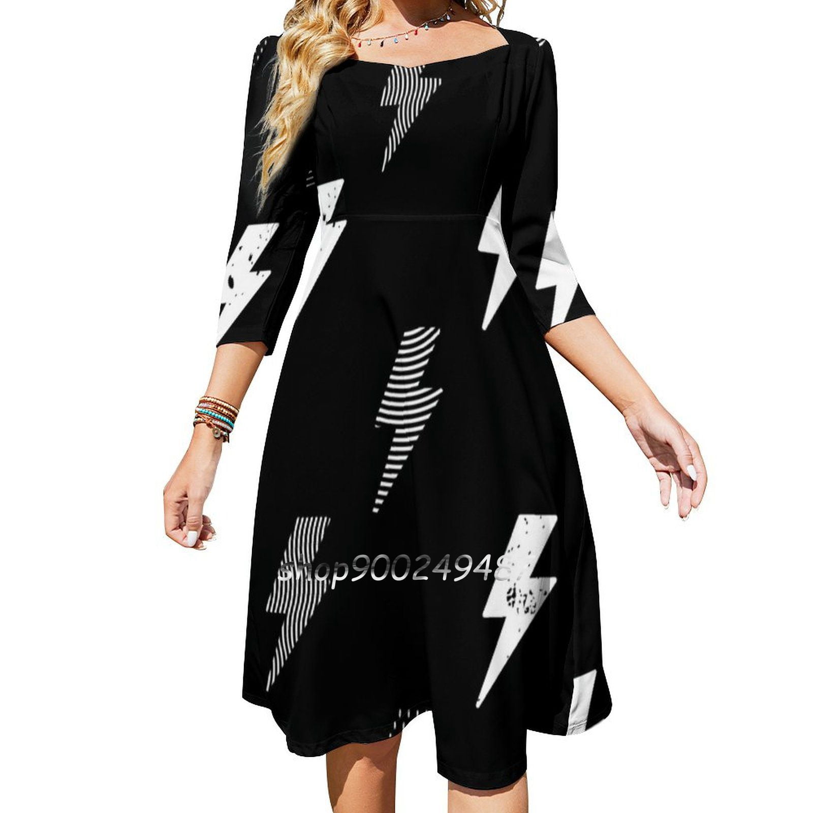 Thunder Pattern Square Neck Dress New Plus Size Elegant Women Waist ...