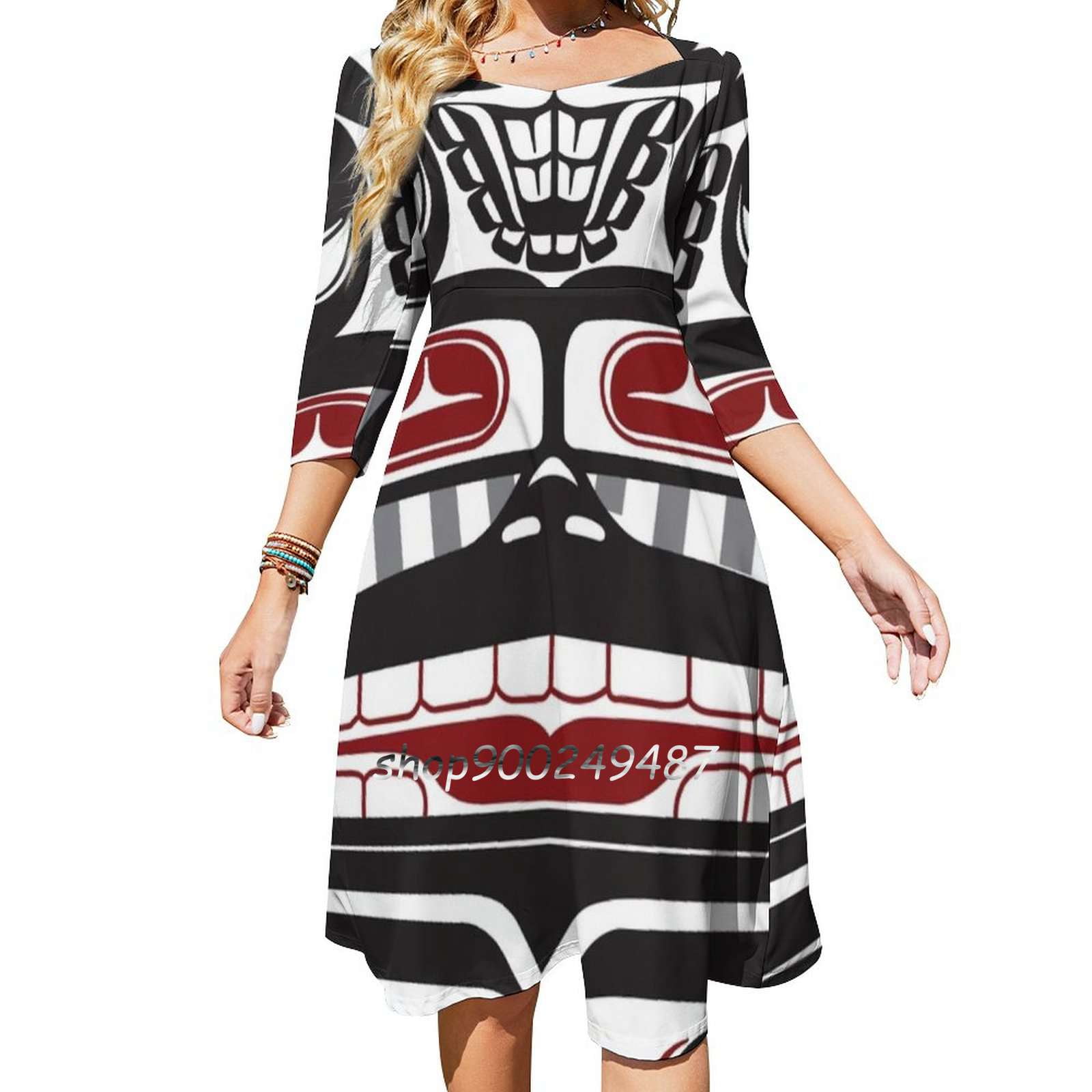 Thunderbird Bear Orca Totem Pole Coastal Salish Haida Square Neck Dress ...
